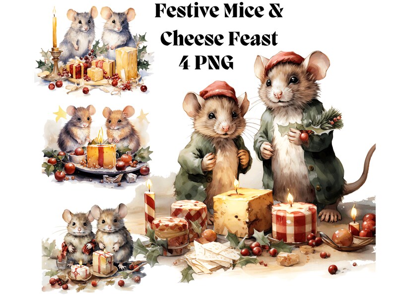 Mice Cheese Feast Clipart PNG Festive Mice Celebrate Mouse Winter ...