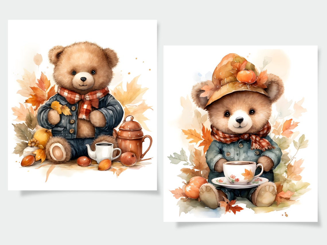 Autumn Teddy Bear Clipart Fall Teddy Cozy Sweater Hat Tea Cup Cute ...