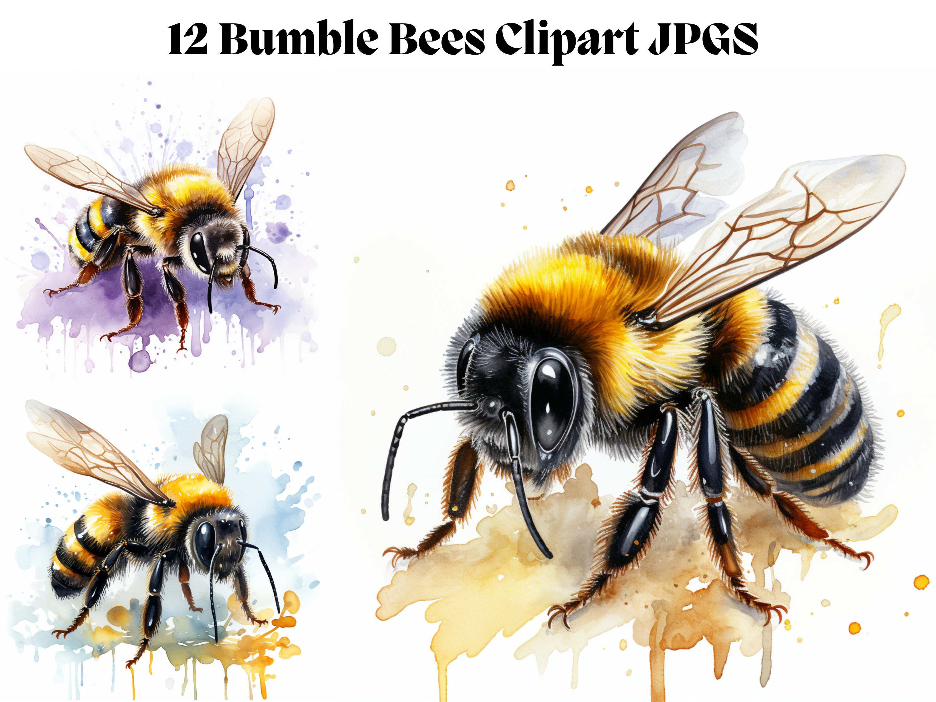 Watercolor Bumble Bee Clipart - 12 High Quality Jpgs - Journal Book ...