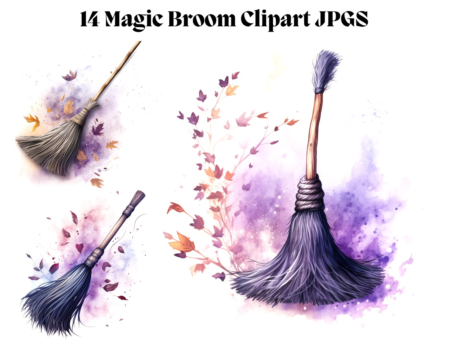 Watercolor Magic Broom Halloween Clipart Spooky Season Witch Mystic ...