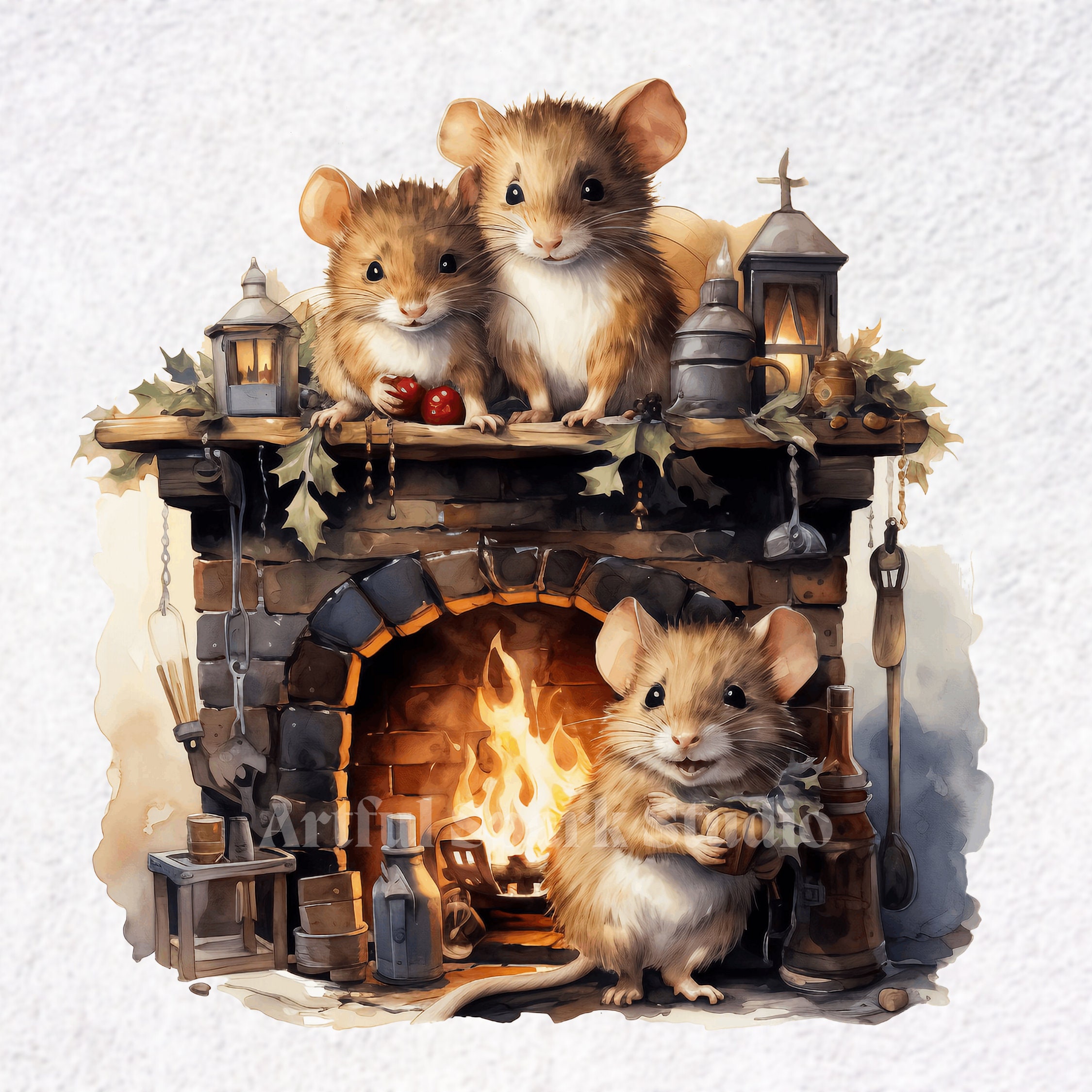 Mice Family Fireplace Clipart PNG Warm Cozy Mice Cute Mouse Winter ...
