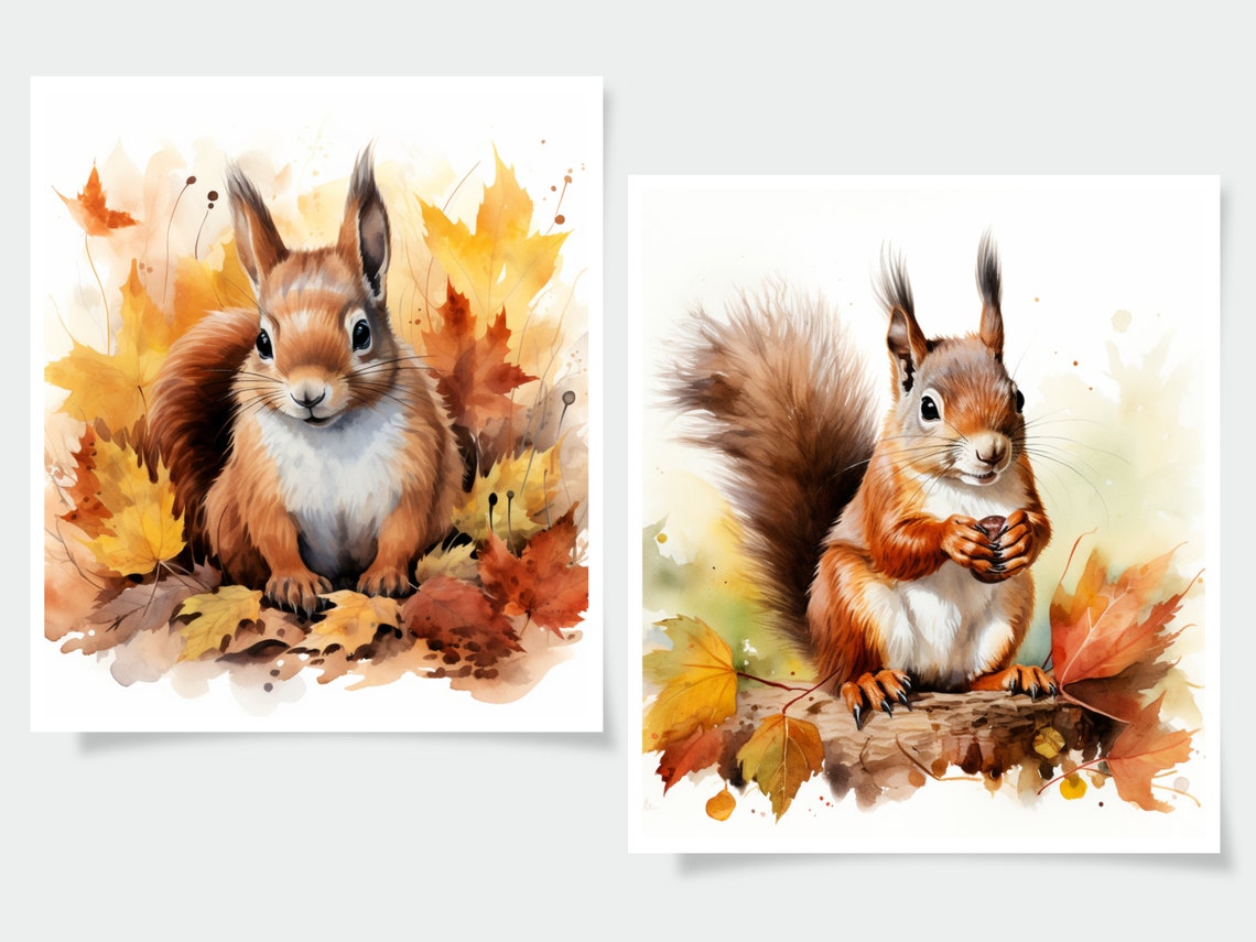 Watercolor Fall Squirrel Clipart - 14 Jpgs Autumn Leaves Cute Woodland ...