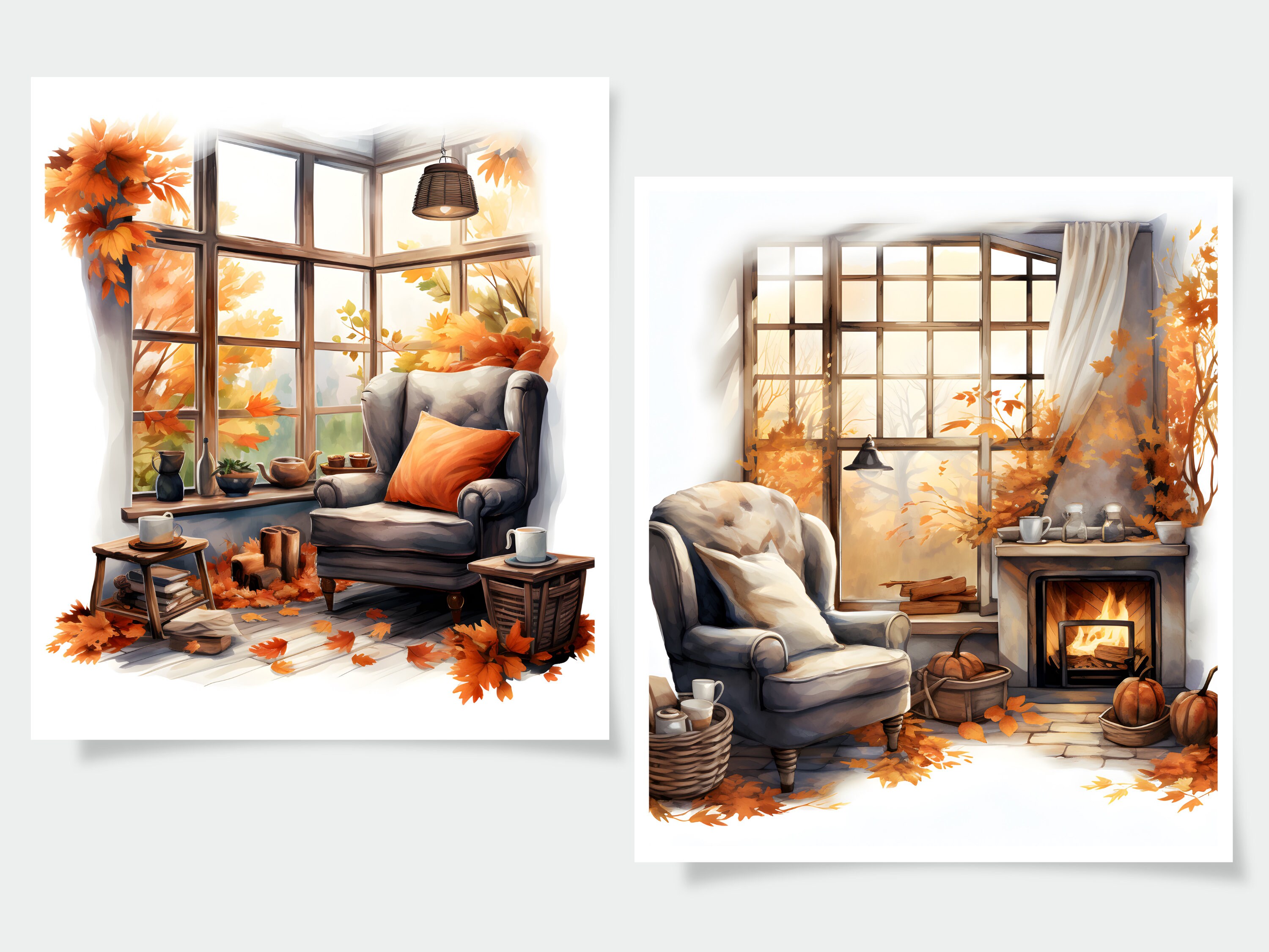 Autumn Reading Nook Clipart Fall Window View Cozy Fireplace Books Home ...