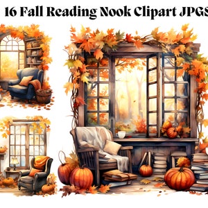 Autumn Reading Nook Clipart Fall Window View Cozy Fireplace Books Home ...