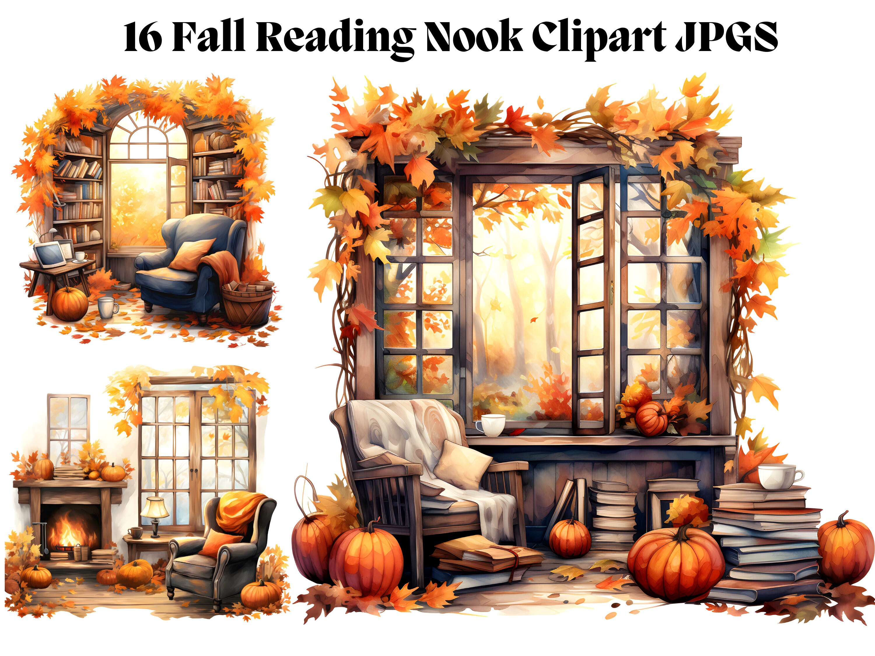 Autumn Reading Nook Clipart Fall Window View Cozy Fireplace Books Home ...