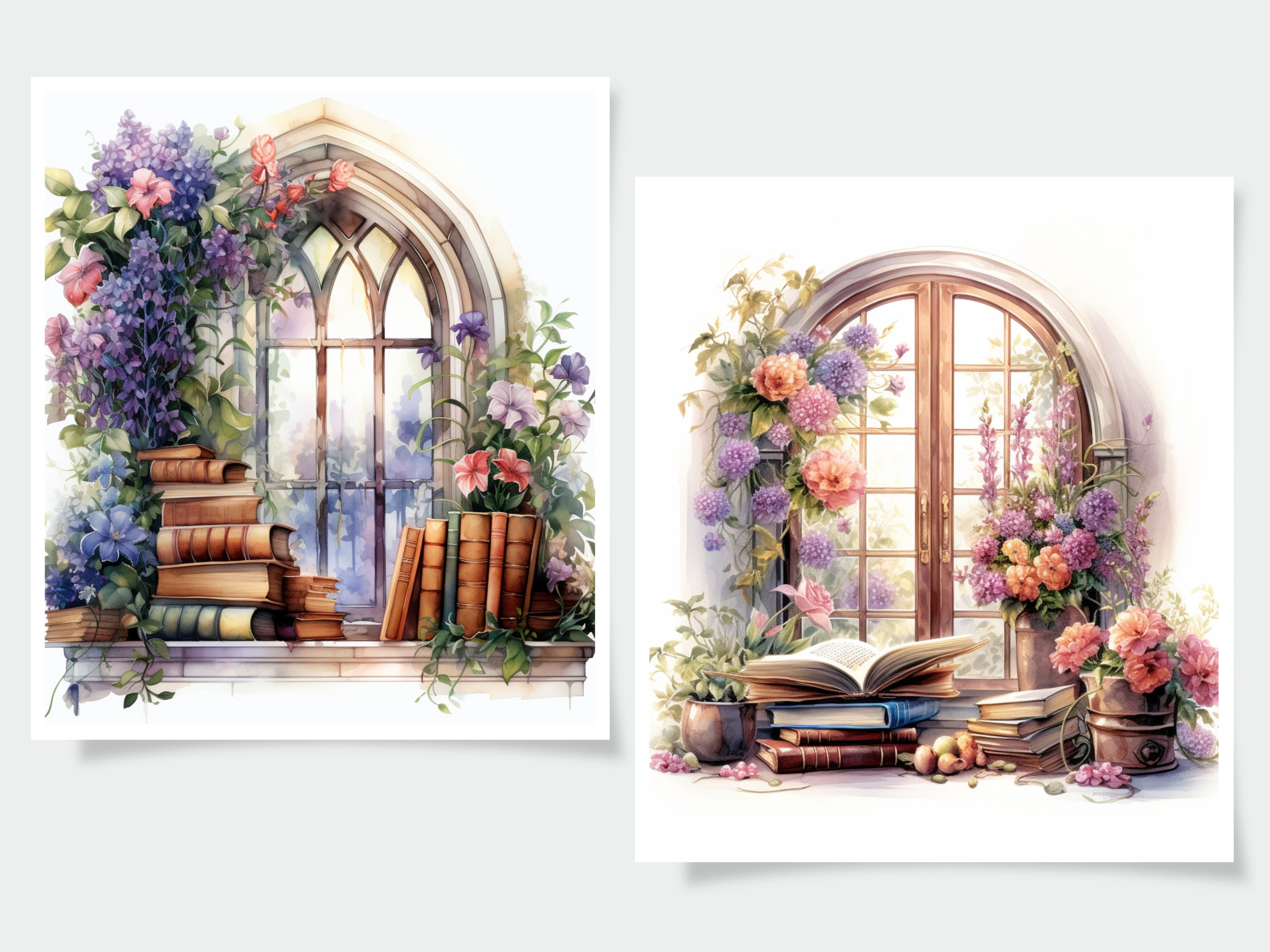 Floral Window and Books Clipart 14 Jpgs Watercolor Window Clipart Cute ...