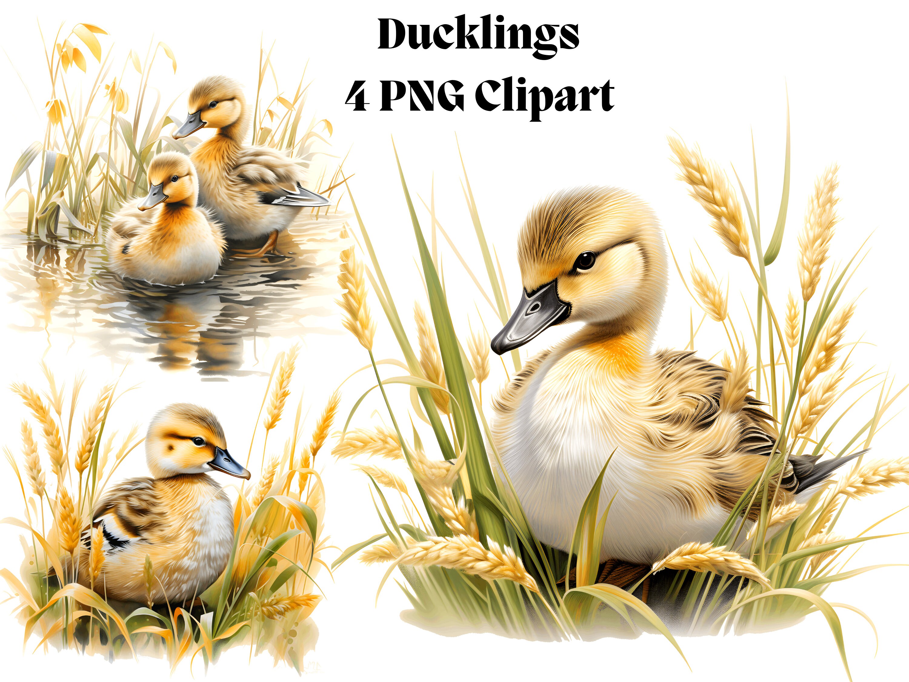 Duckling Clipart PNG Cute Yellow Duckling in Pond Ferns Cornstalk Bird ...