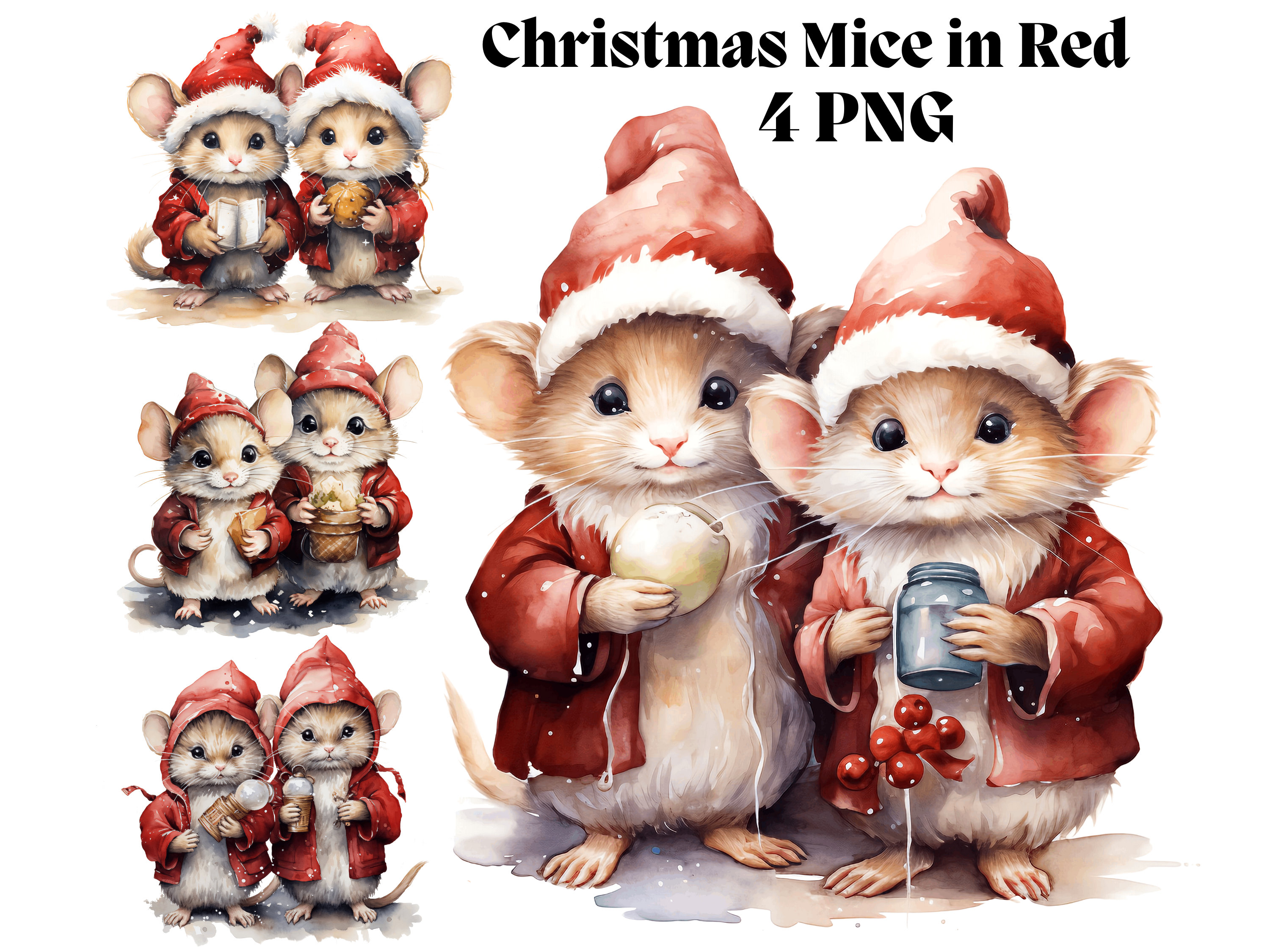 Christmas Mice Clipart PNG Cute Mice in Red Clothes Mouse - Etsy