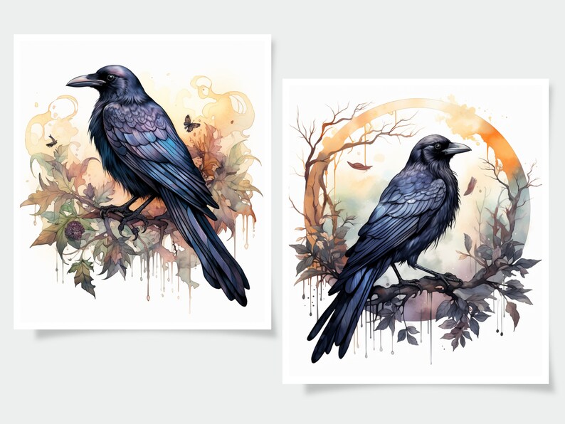Watercolor Black Magical Crow Clipart Halloween Mysterious Crow Mystic ...
