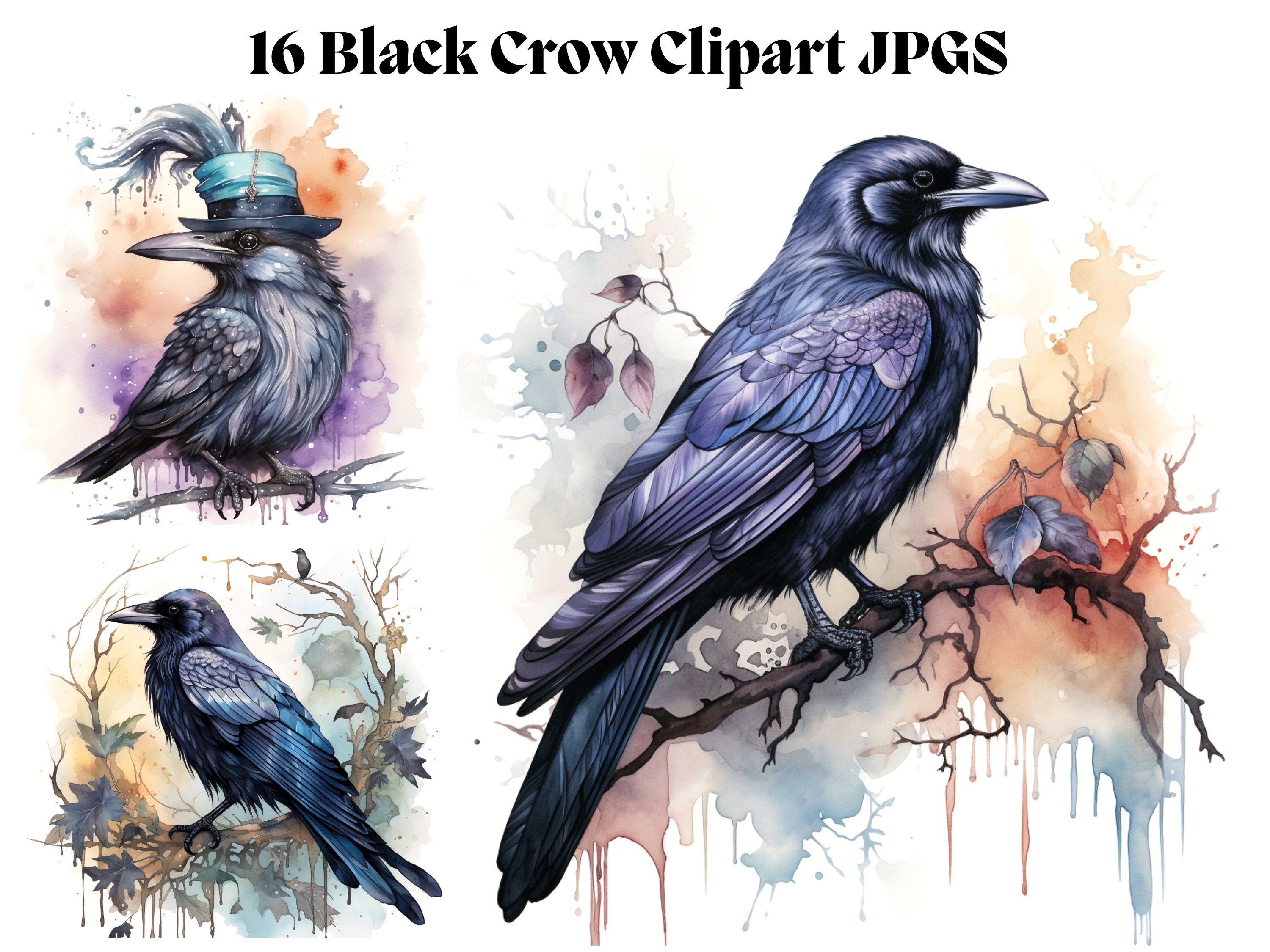 Watercolor Black Magical Crow Clipart Halloween Mysterious Crow Mystic ...
