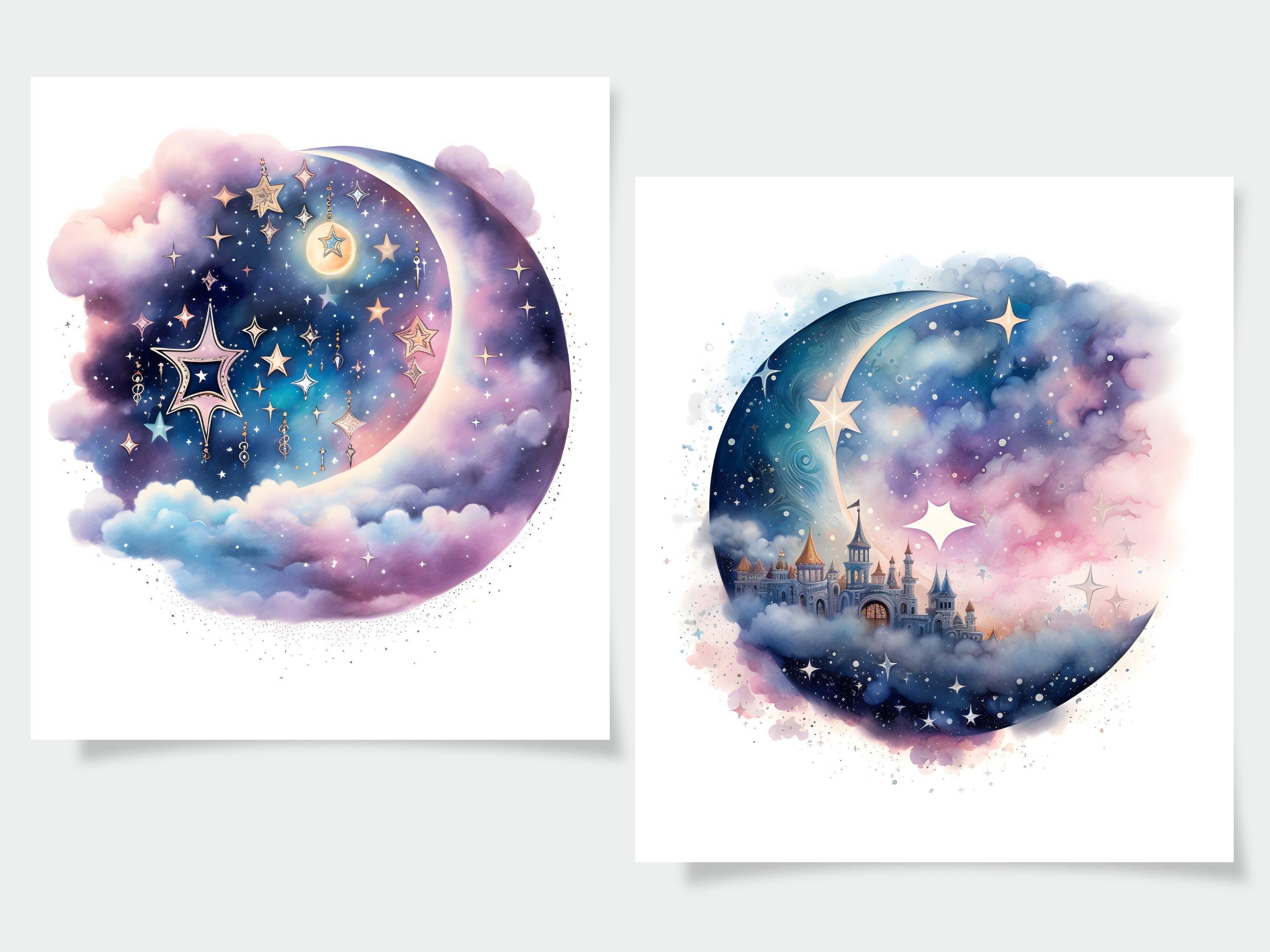 Celestial Clipart Dreamy Crescent Moon Stars Clouds Cute Boho Cosmic ...