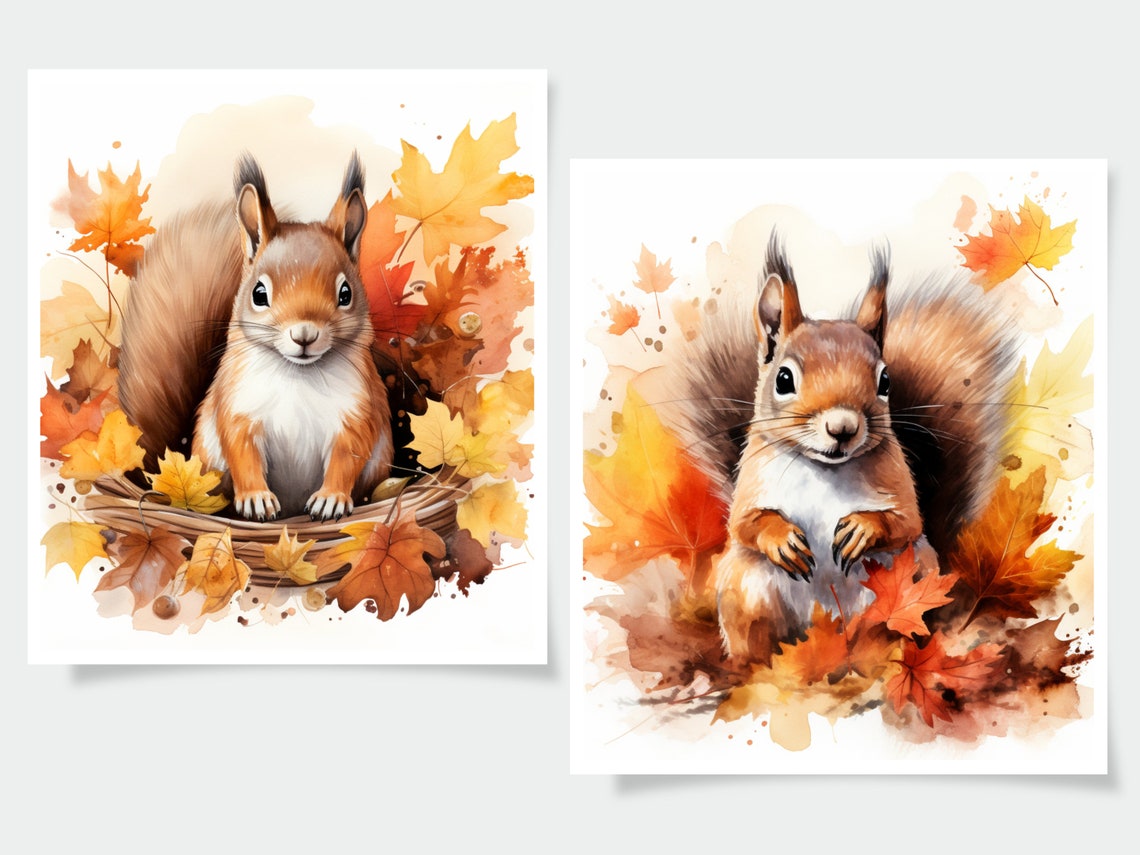 Watercolor Fall Squirrel Clipart 14 Jpgs Autumn Leaves Cute Woodland ...