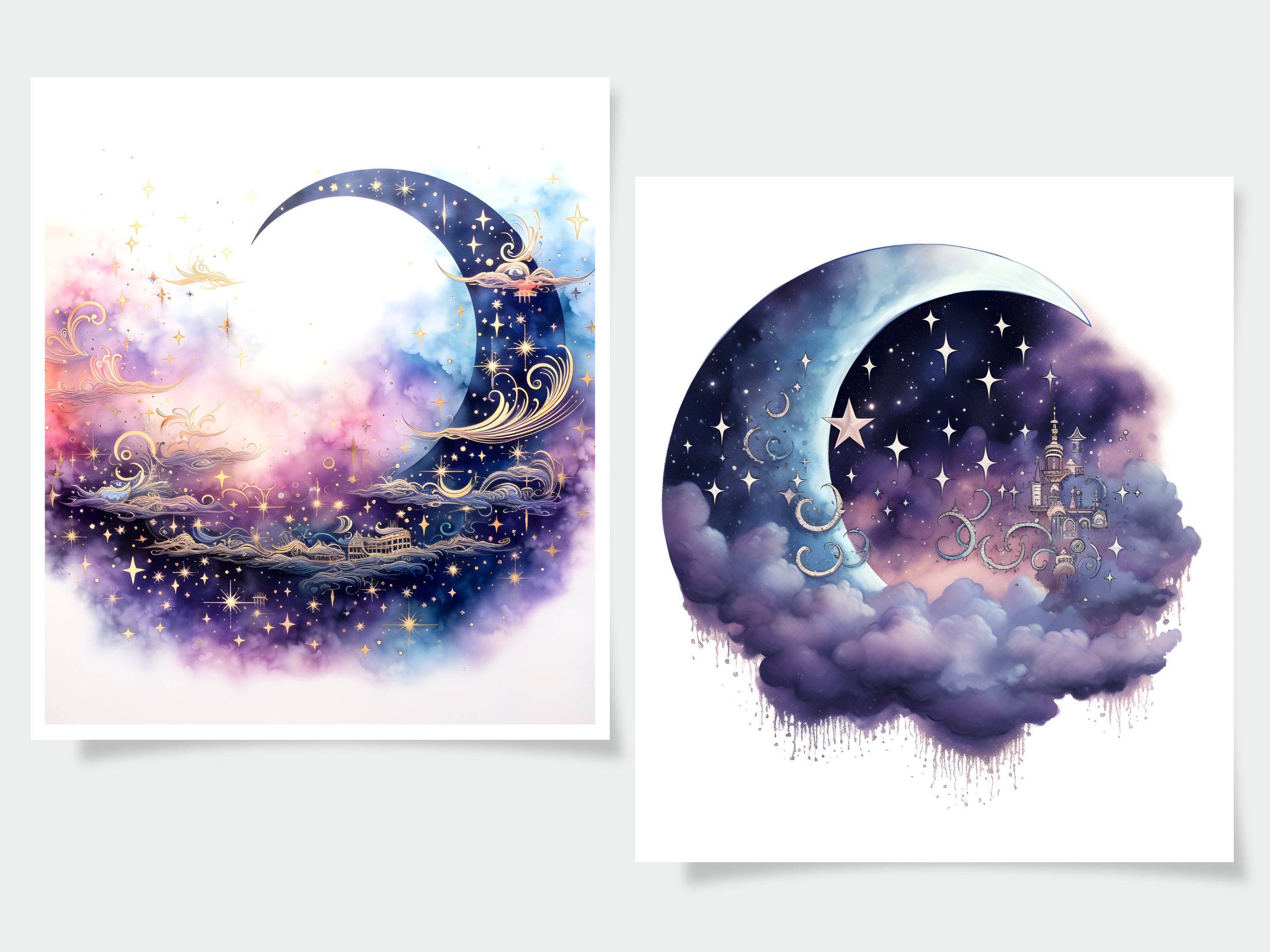 Celestial Clipart Dreamy Crescent Moon Stars Clouds Cute Boho Cosmic ...