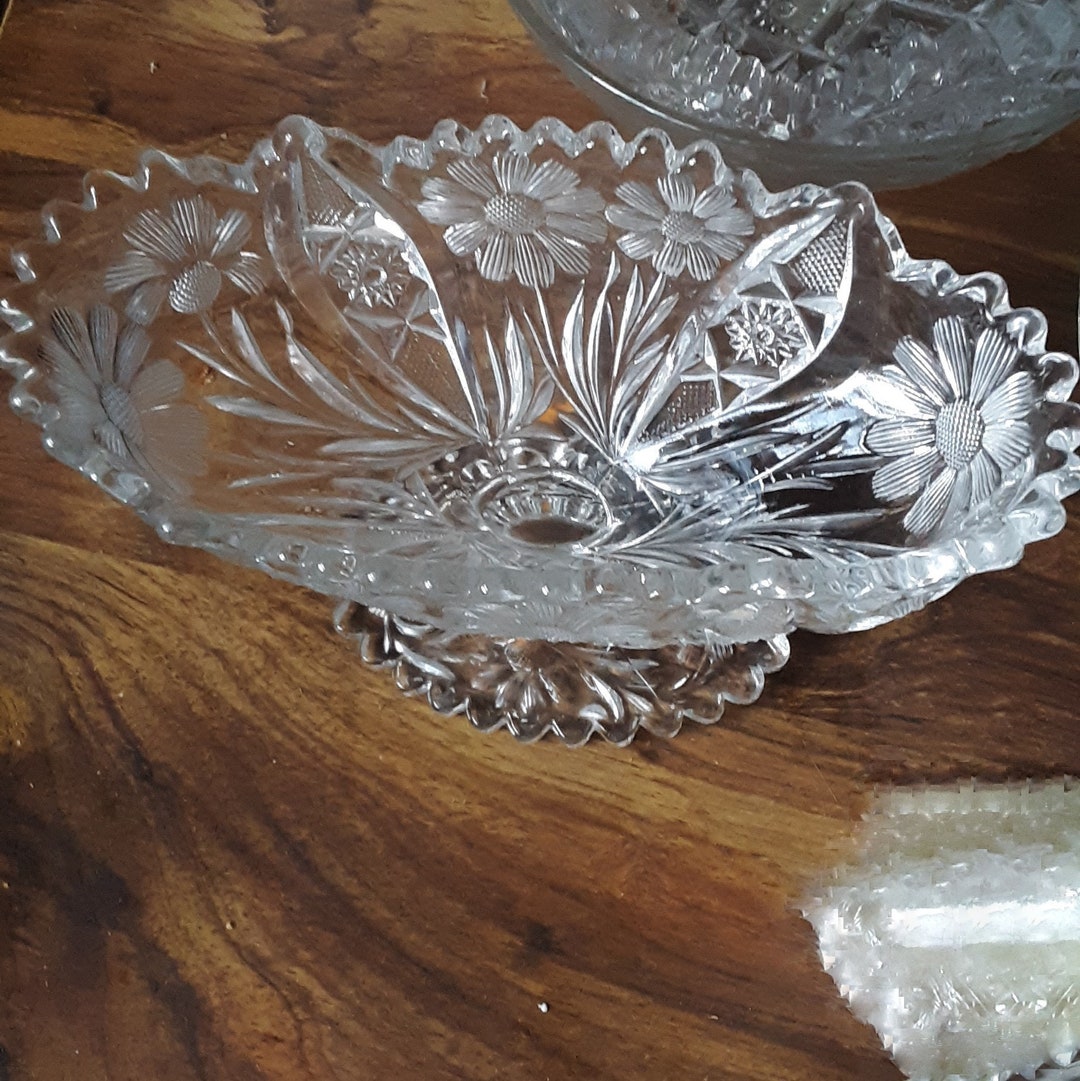 Vintage Cut Glass Oval Bowl - Etsy