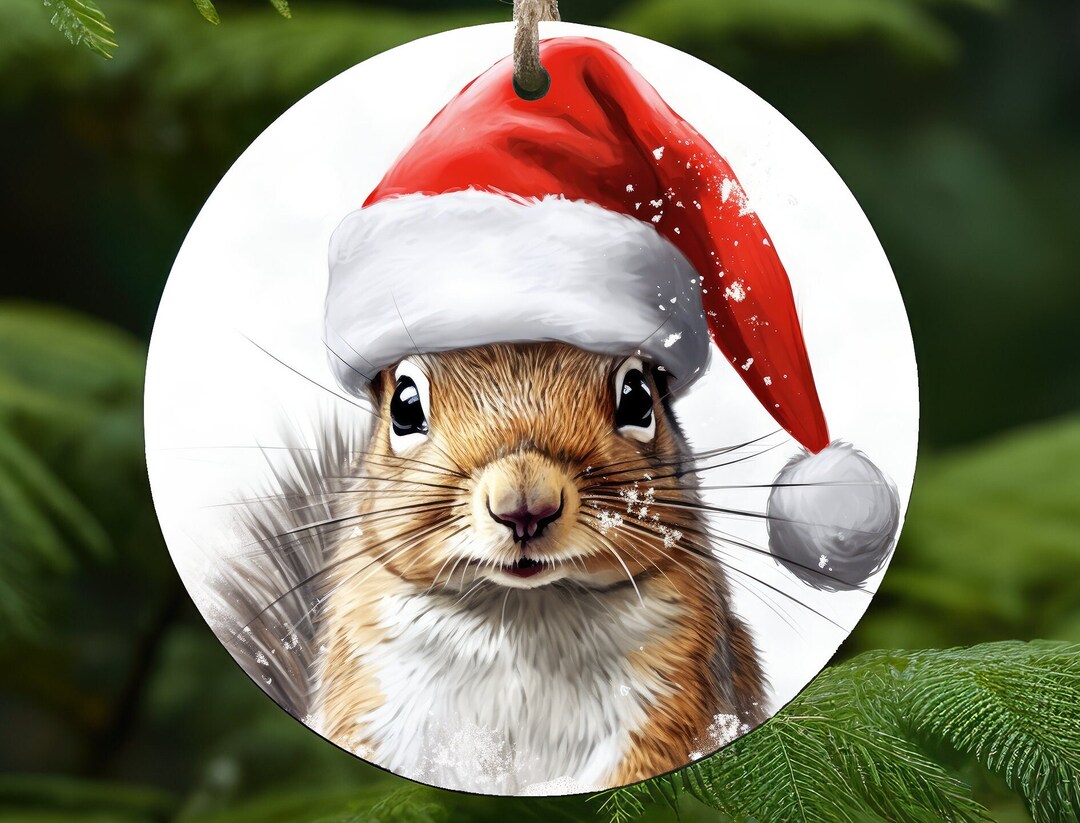 Squirrel Wearing a Santa Hat Christmas Ornament Sublimation Design ...