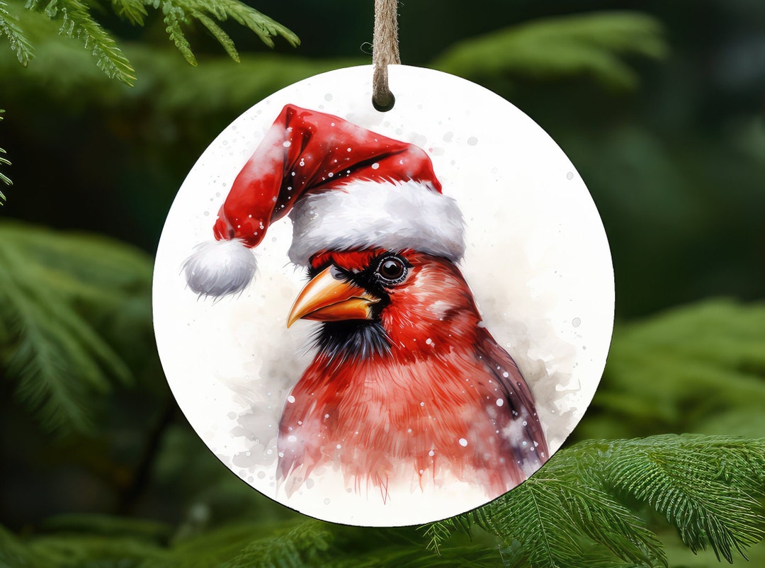 Cardinal Wearing a Santa Hat, Christmas Round Ornament - Instant ...