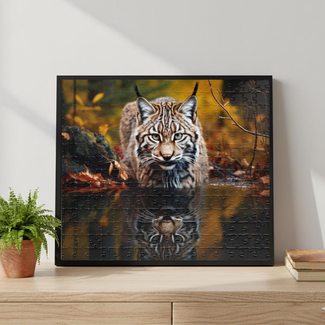Bobcat Reflection Puzzle - Autumn Forest Wildlife Art Jigsaw Puzzle for ...