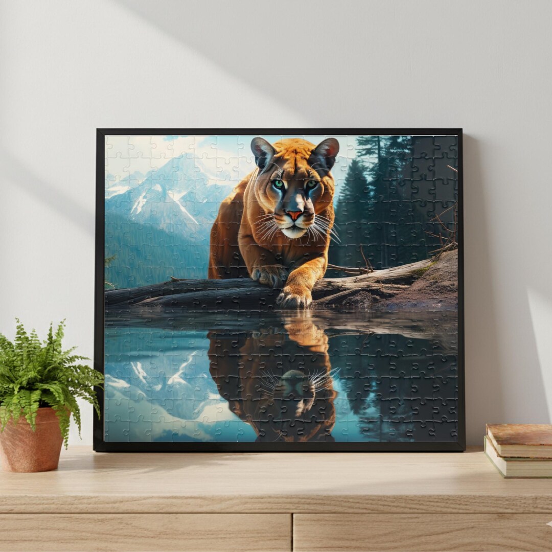 Mountain Lion Reflection Puzzle - Majestic Cougar by Forest Lake ...