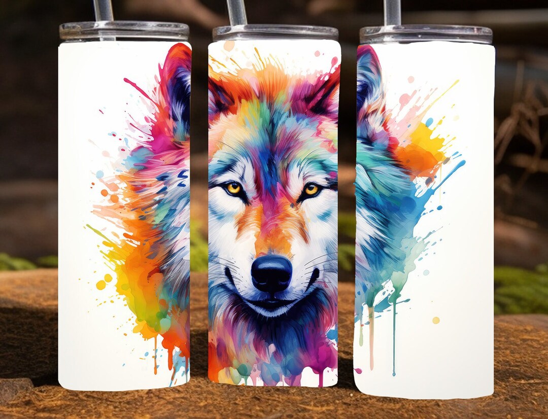 Bright Rainbow Wolf Watercolor, 20 Oz Skinny Sublimation Tumbler Wrap ...