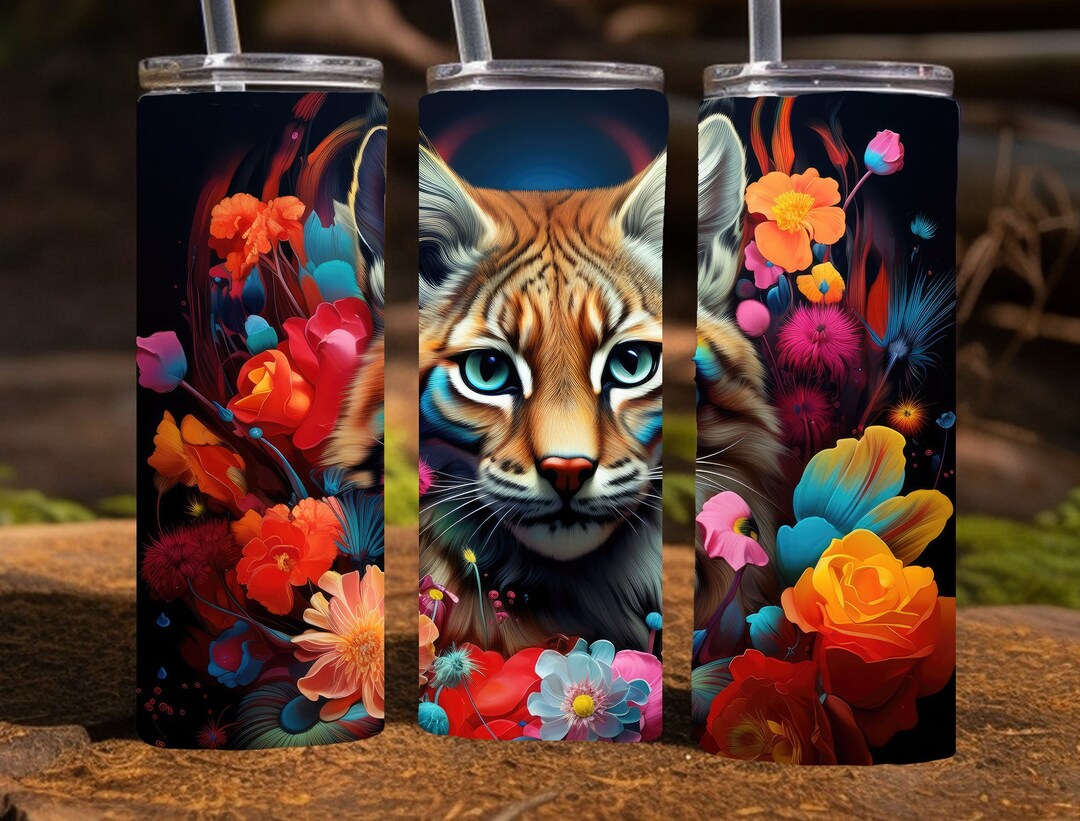 Neon Bobcat With Flowers, 20 Oz Skinny Sublimation Tumbler Wrap Digital ...