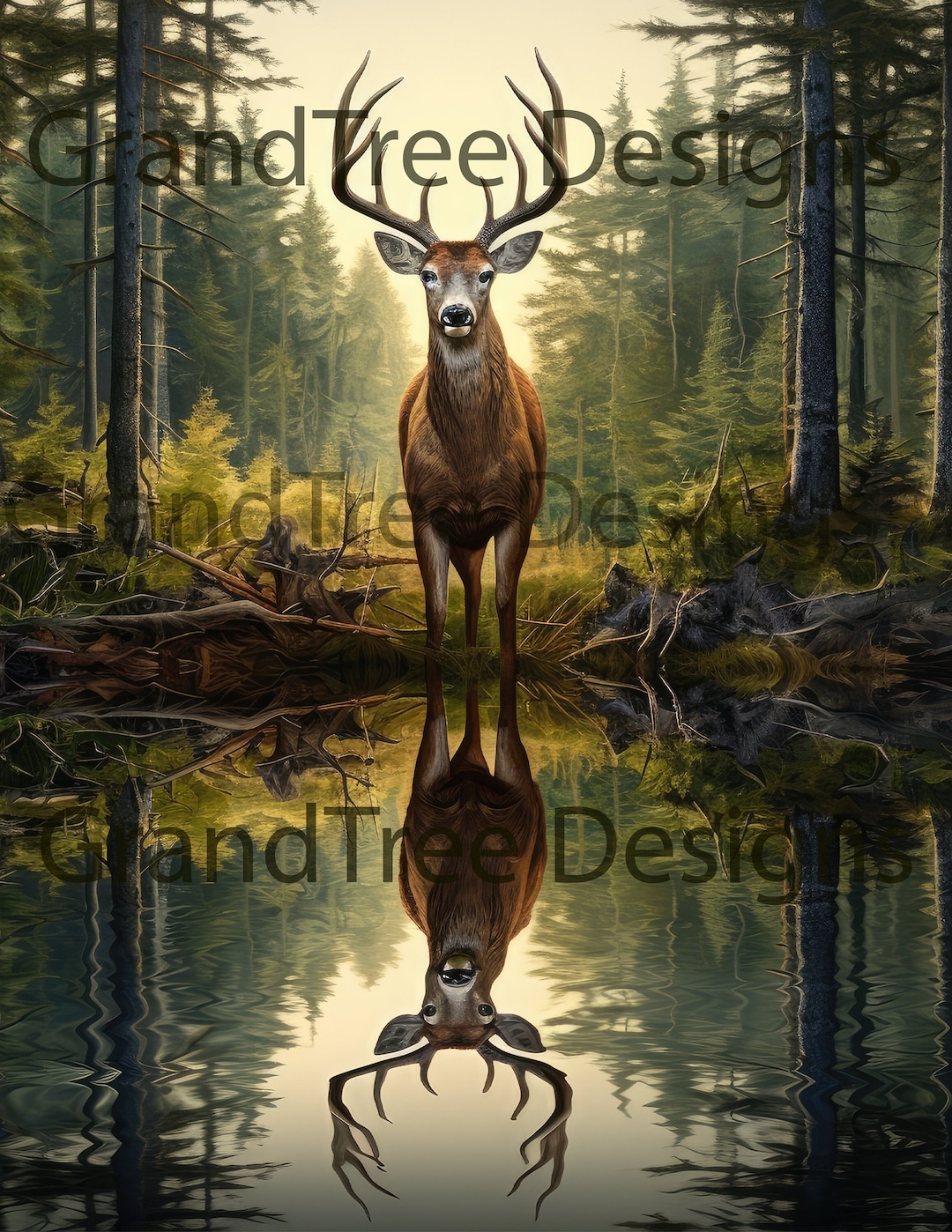 Buck / Deer With Reflection in a Lake, 8.5x11 PNG, Hunting PNG ...