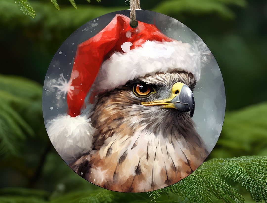 Red Tailed Hawk Wearing a Christmas Hat, Christmas Ornament Sublimation ...