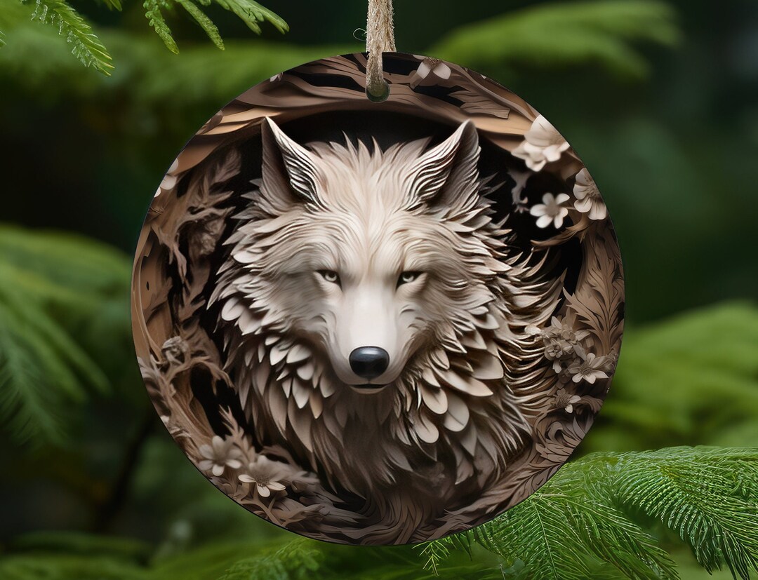 Wood Carved Wolf, Christmas Round Ornament - Instant Download - Wolf ...
