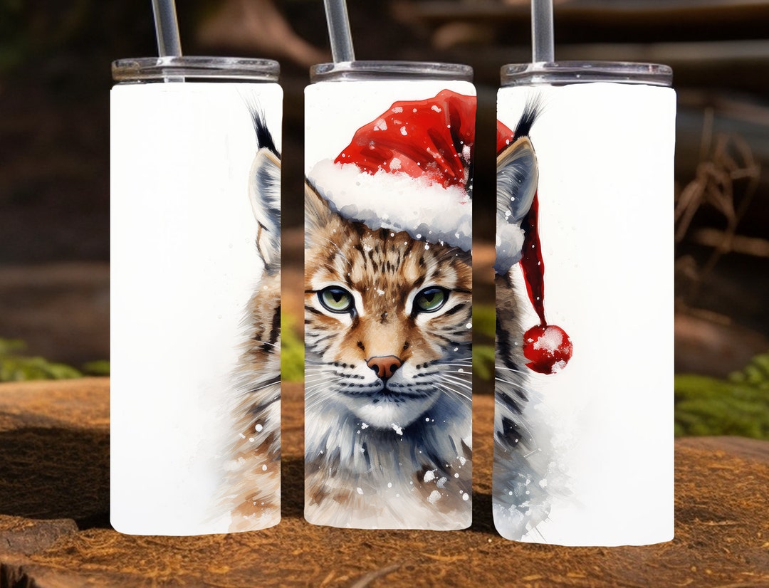 Bobcat Wearing a Santa Hat, 20 Oz Skinny Sublimation Tumbler Wrap ...