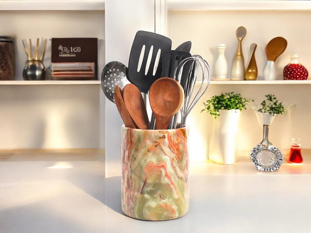 Marble Utensil Holder, Handmade Cooking Utensil, Spatula Holder, Flower ...