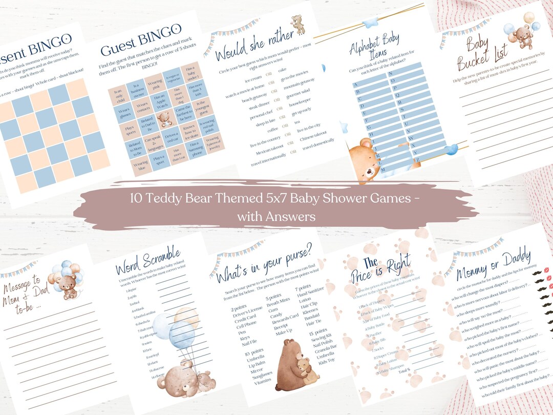 Teddy Bear Baby Shower Game Printable Bundle; 10 Baby Shower ...