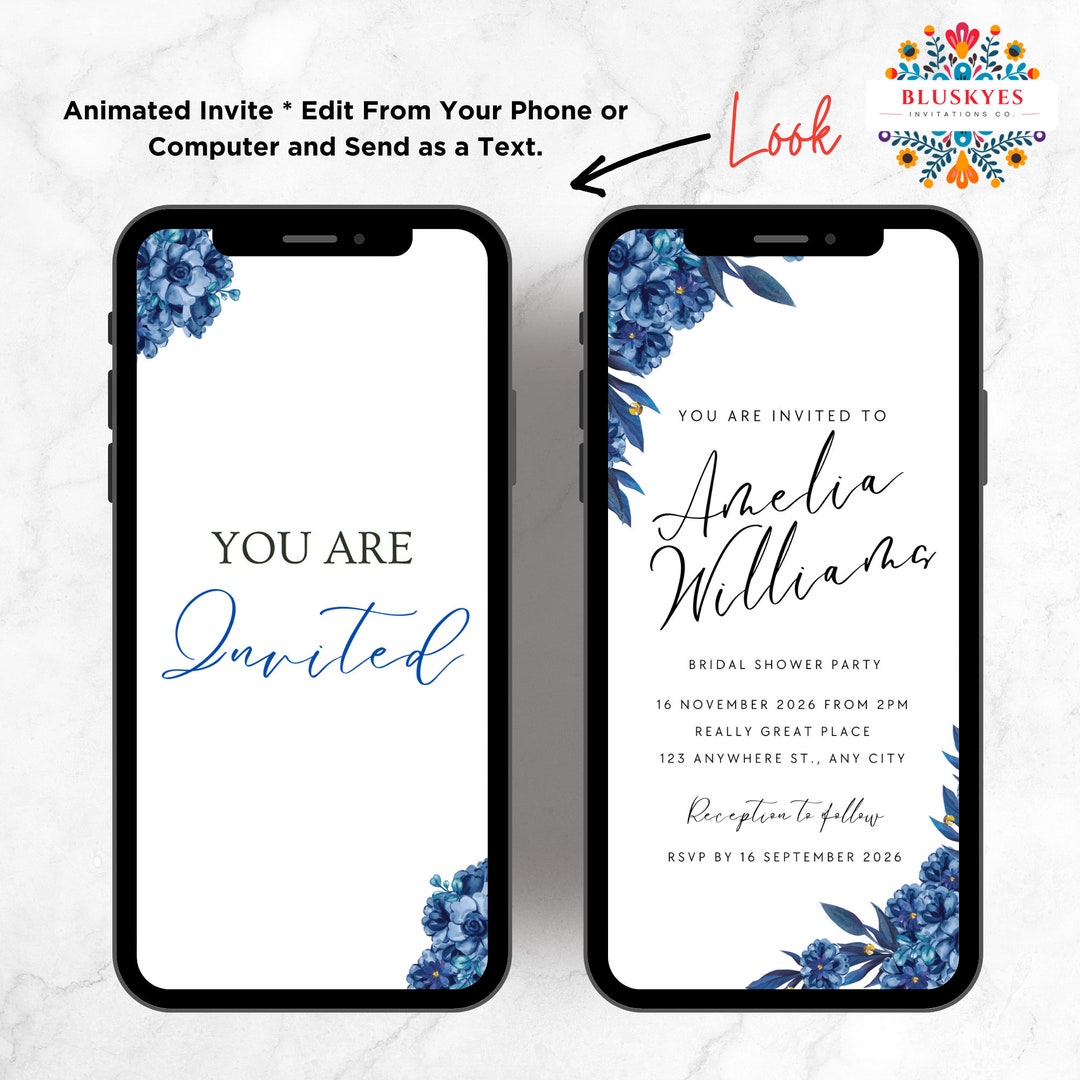 Elegant Blue Flowers, Rustic Flowers Invites, Animated Phone Invitation ...