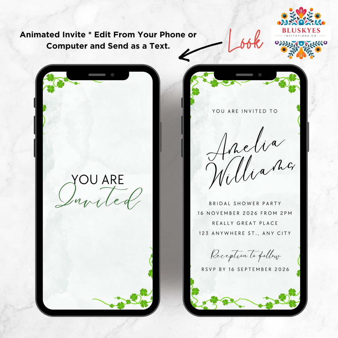 Green Shamrock Corner Border Invites, Floral Phone Invites, Animated ...