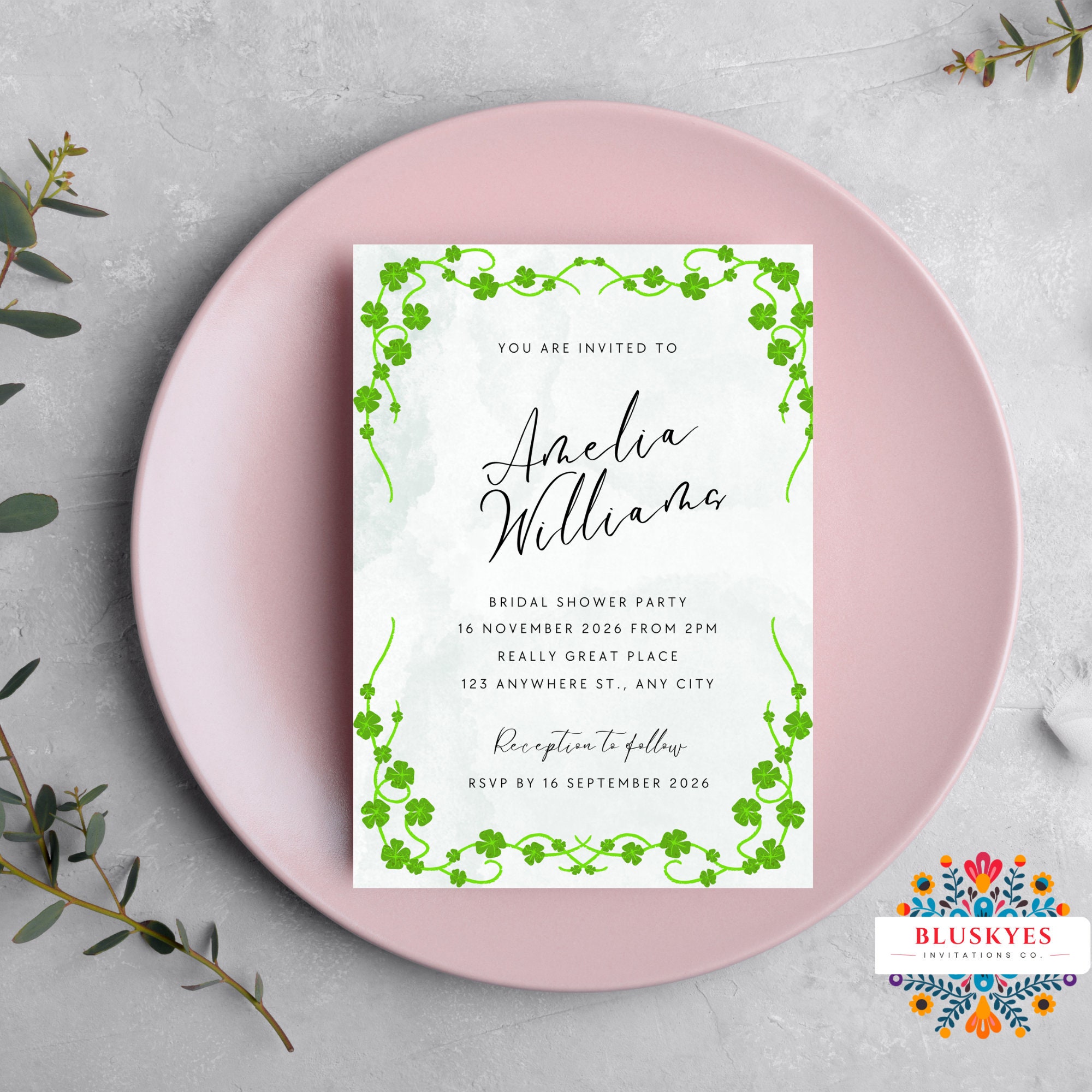 Green Shamrock Corner Border Invites, Bridal Shower Invitation ...