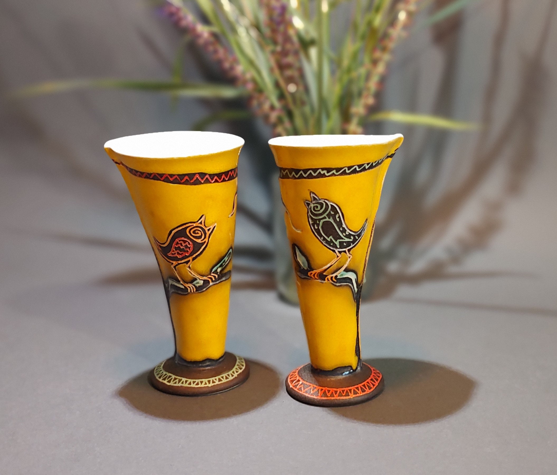 Collectible Yellow Alcohol Set, Handmade Pottery With Bird Art, Perfect ...