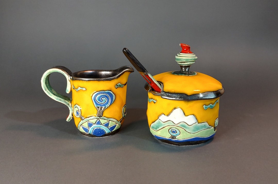 Yellow Ceramic Sugar Basin & Cream Pitcher, Artisan Handbuilt and ...