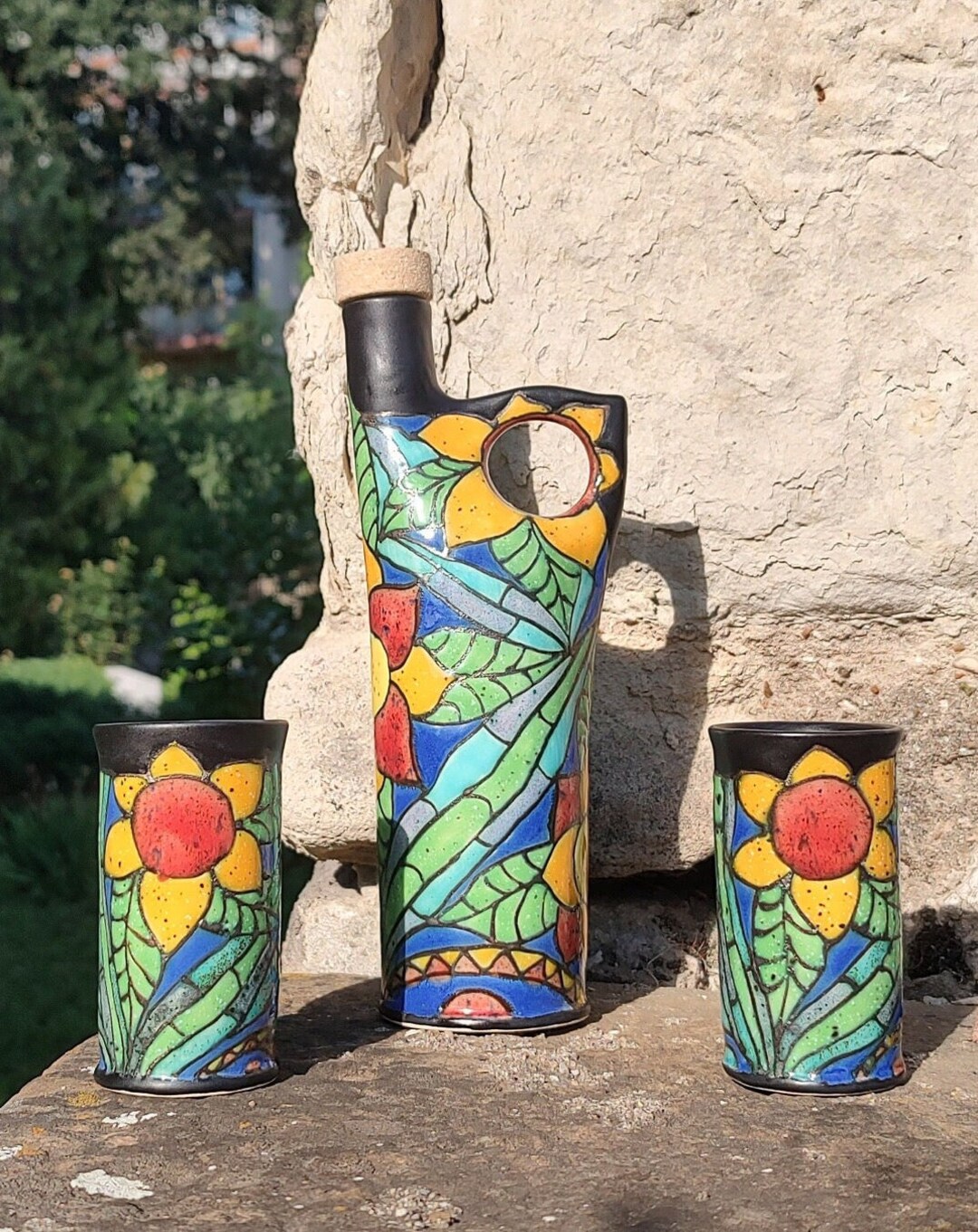 Bohemian Stile Alcohol Set With Flowers. Handbuilt, Hand Glazed ...