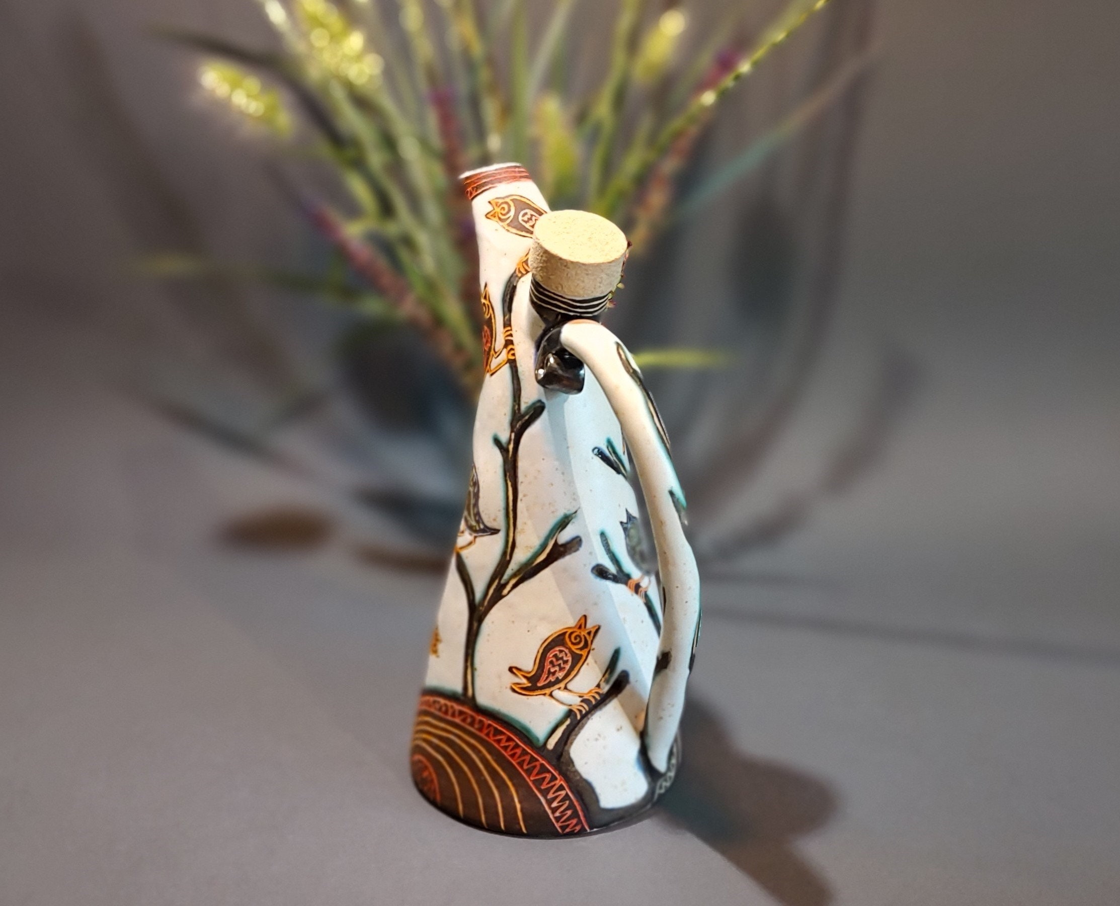 Alcohol Set With Birds, Hand Glazed and Hand Painted Bottle & Cups ...