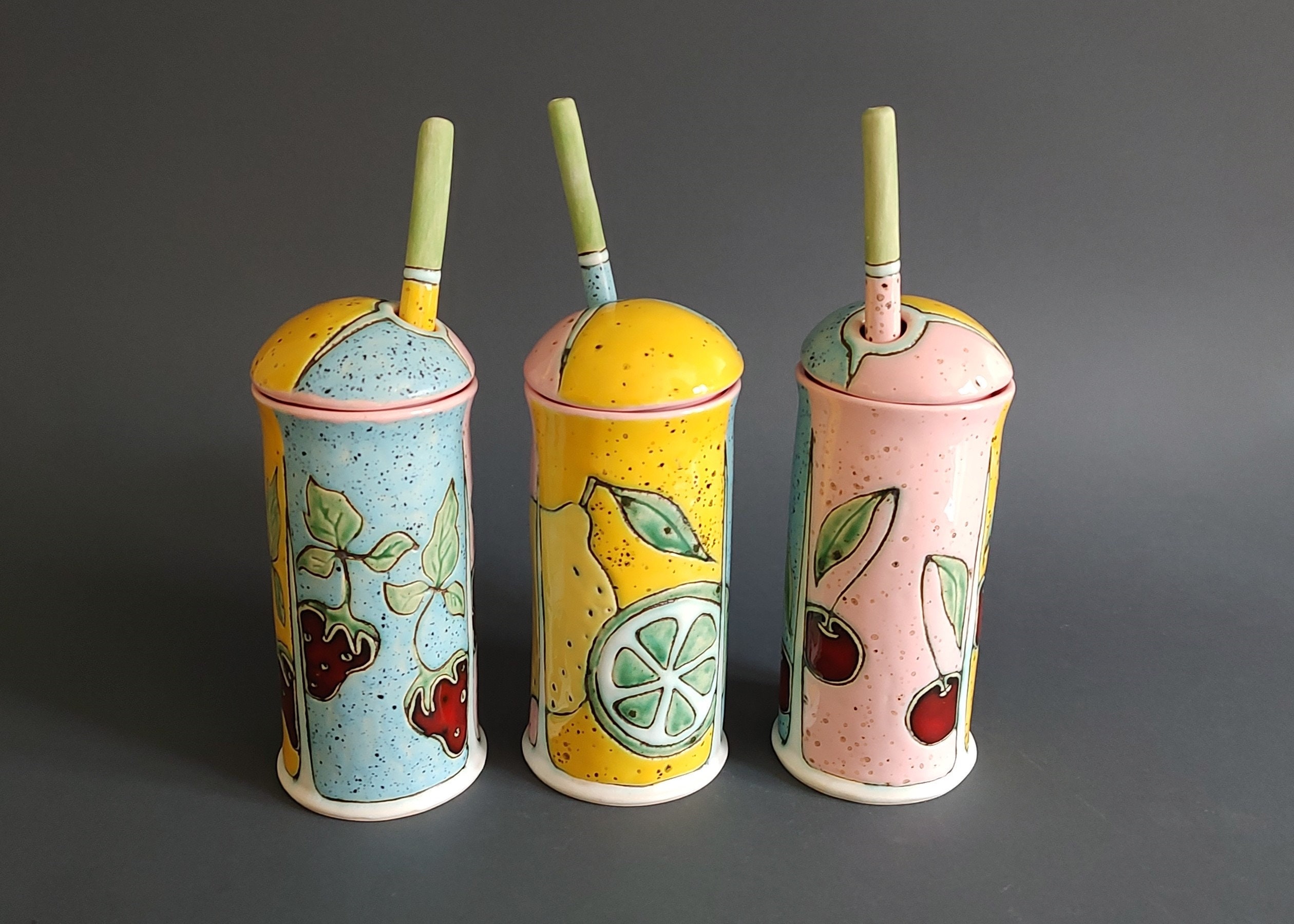 Bright and Funny Frut Themed Handmade Ceramic Tumblers, 13 Oz Lided ...