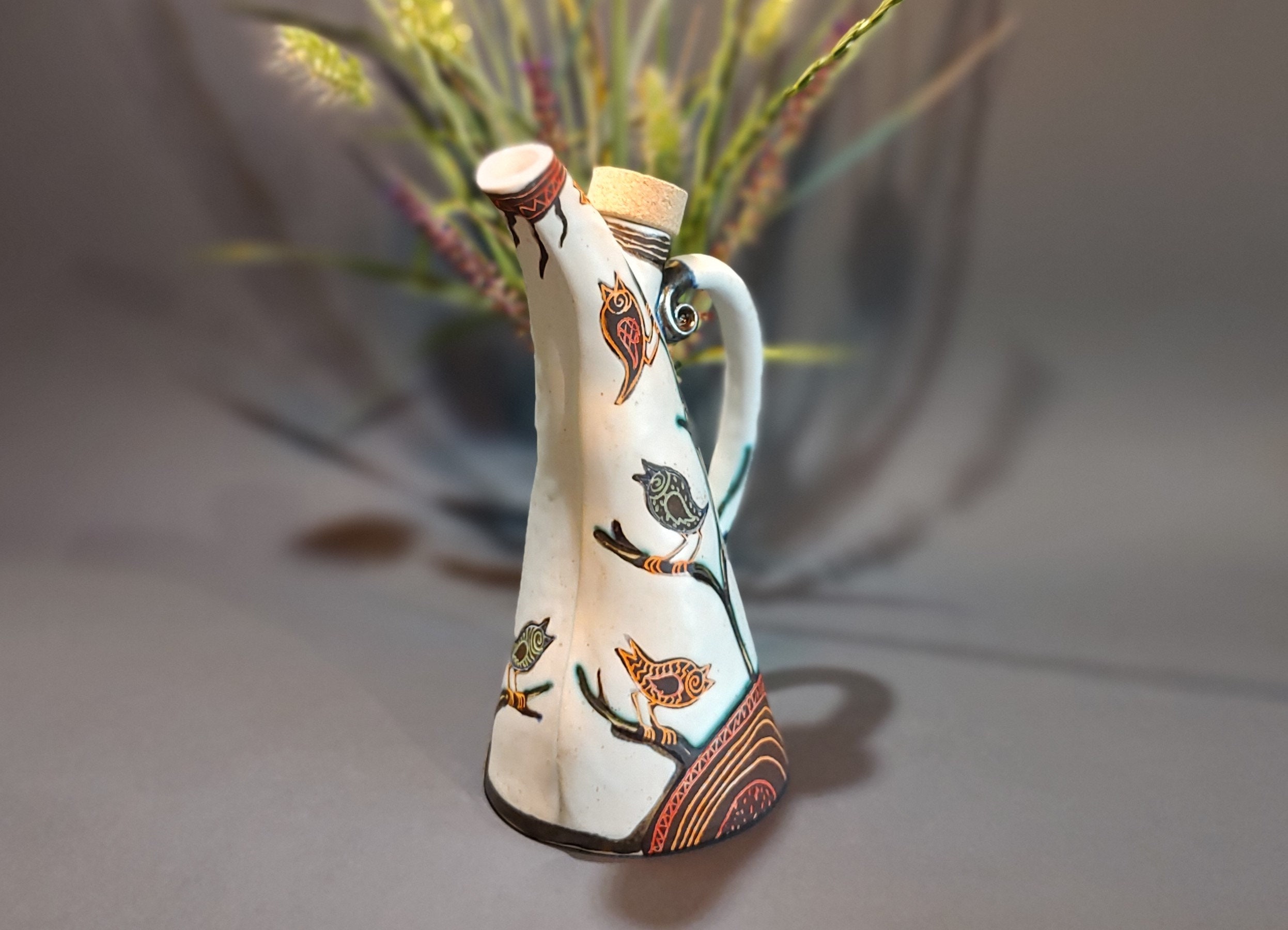 Alcohol Set With Birds, Hand Glazed and Hand Painted Bottle & Cups ...