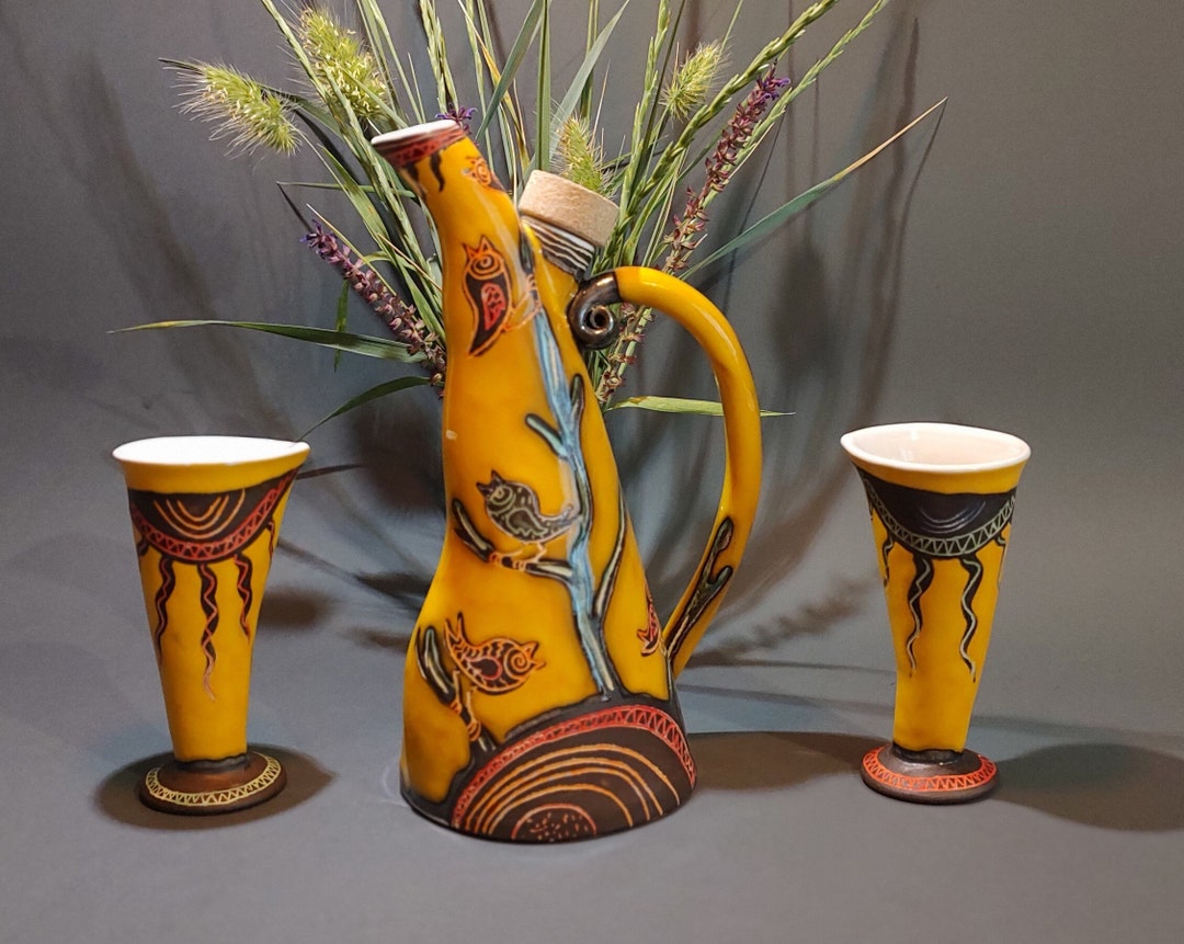 Collectible Yellow Alcohol Set, Handmade Pottery With Bird Art, Perfect ...