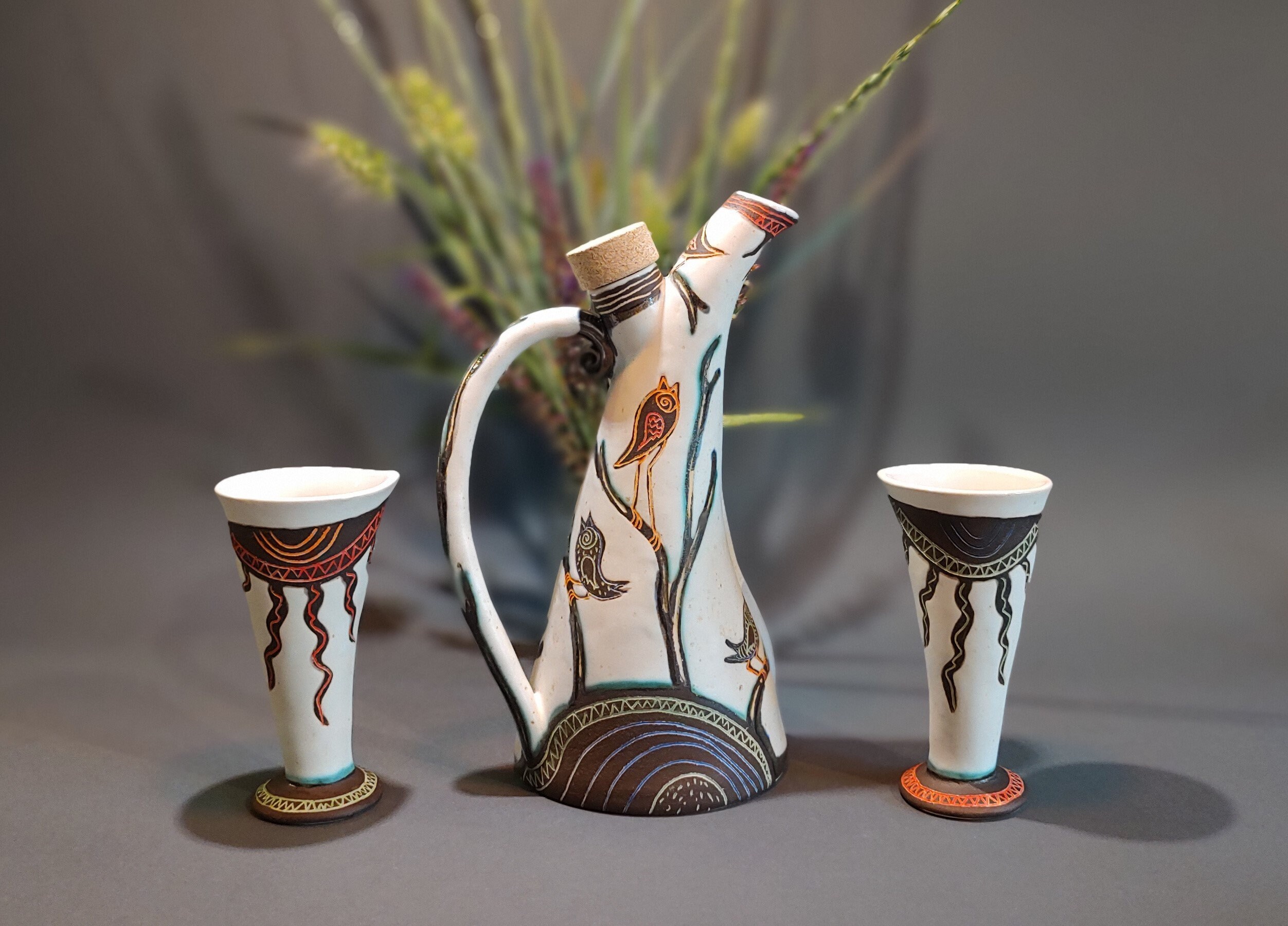 Alcohol Set With Birds, Hand Glazed and Hand Painted Bottle & Cups ...