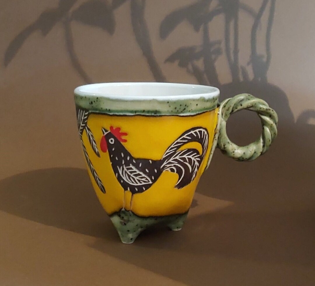 Unique Ceramic Tea Mug With a Rooster, Pottery Mug, Colorful Teacup ...