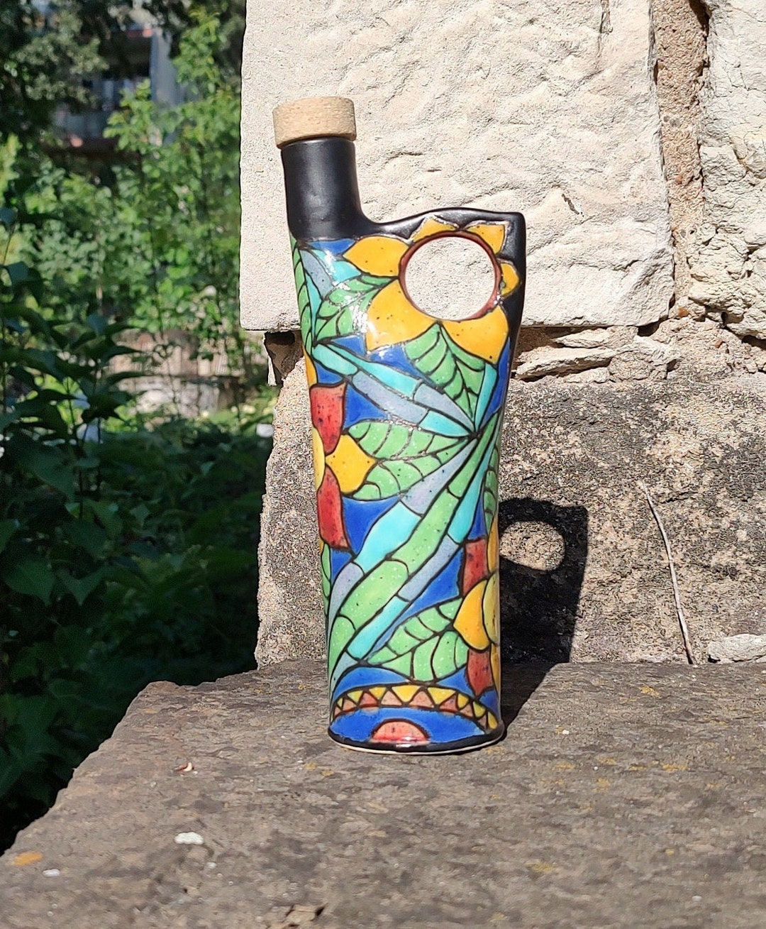 Bohemian Stile Alcohol Bottle With Flowers. Handbuilt, Hand Glazed ...