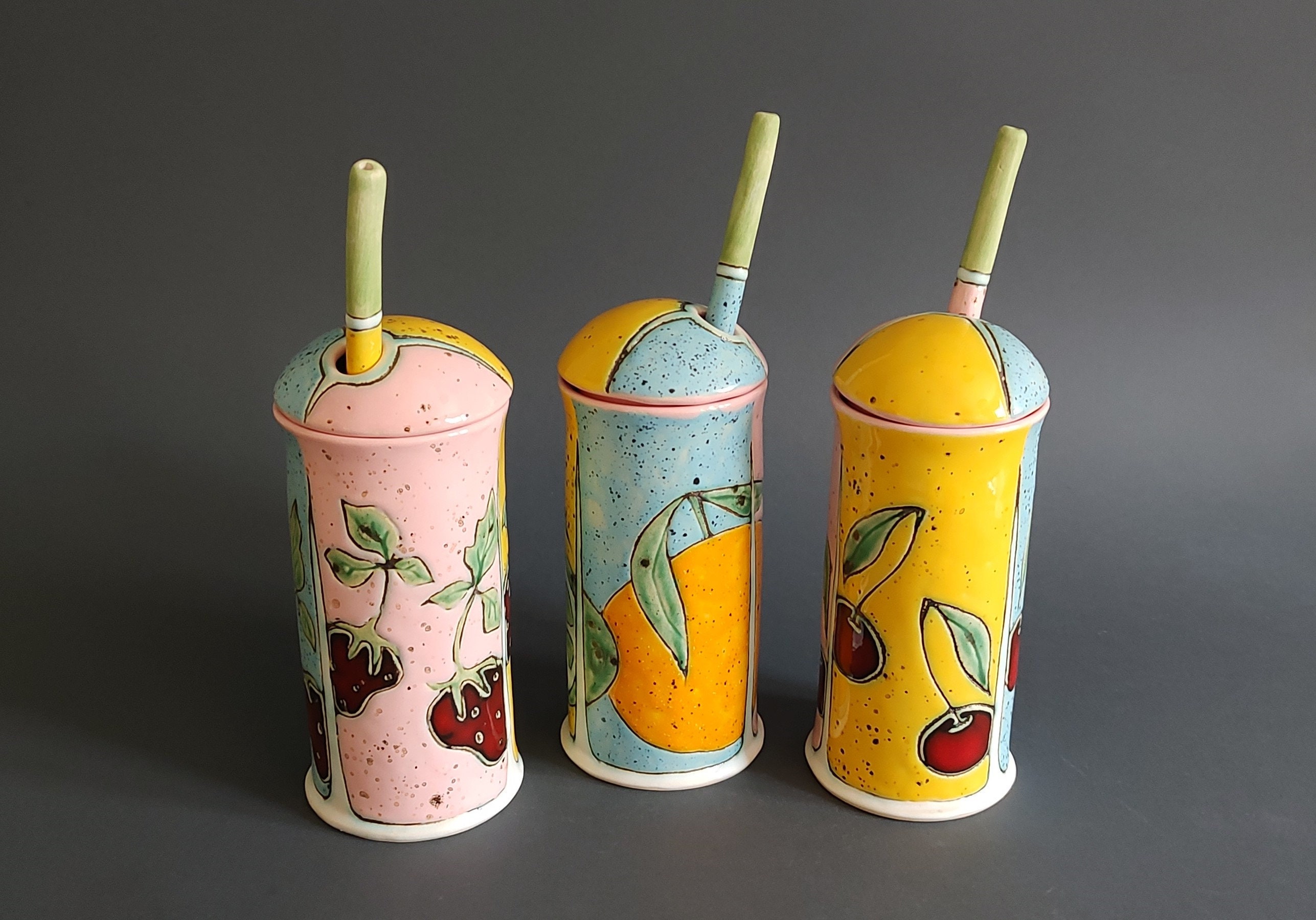 Bright and Funny Frut Themed Handmade Ceramic Tumblers, 13 Oz Lided ...