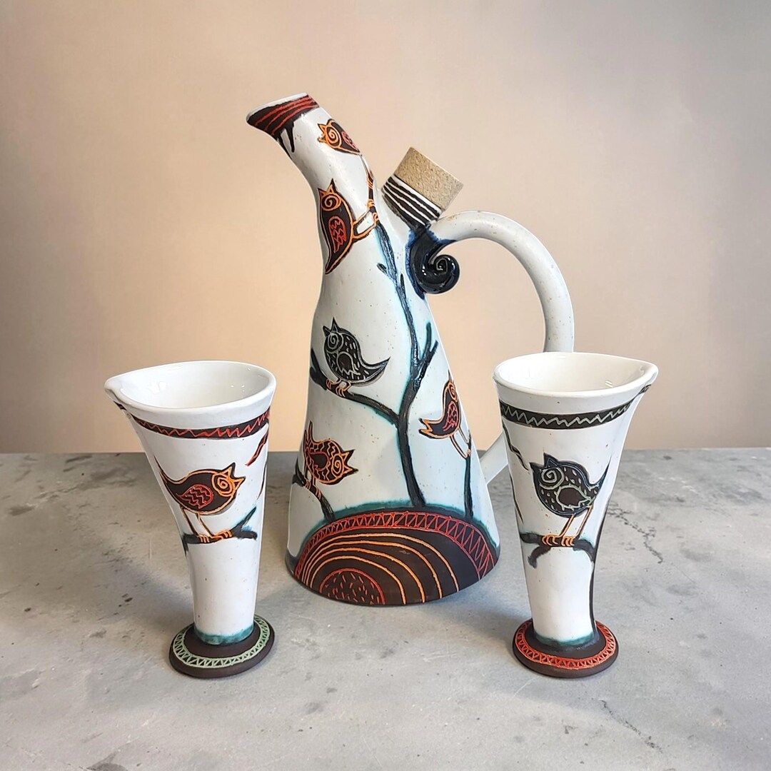 Handmade Ceramic Liquor Decanter Set With Shot Glasses – Bird Design ...