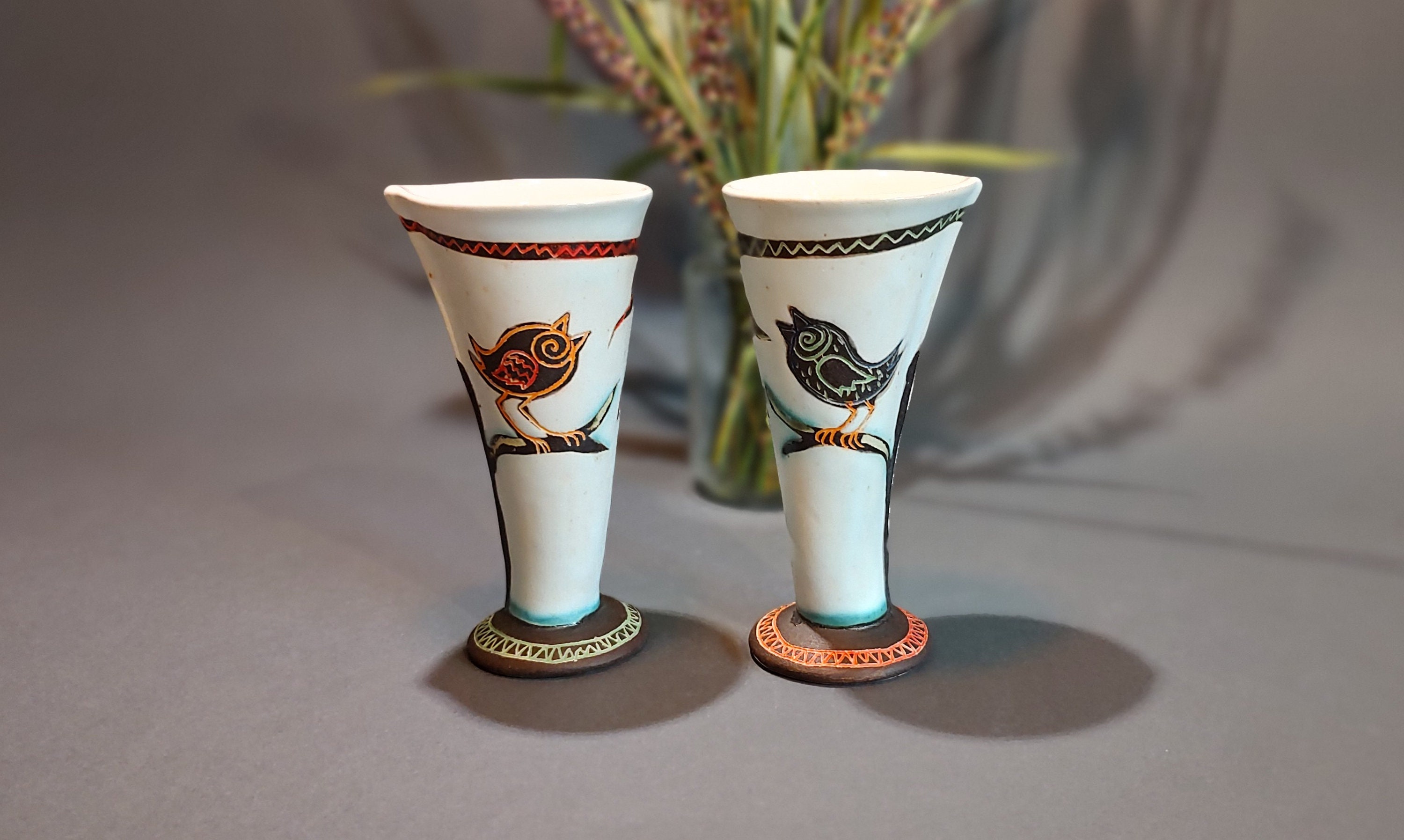 Alcohol Set With Birds, Hand Glazed and Hand Painted Bottle & Cups ...