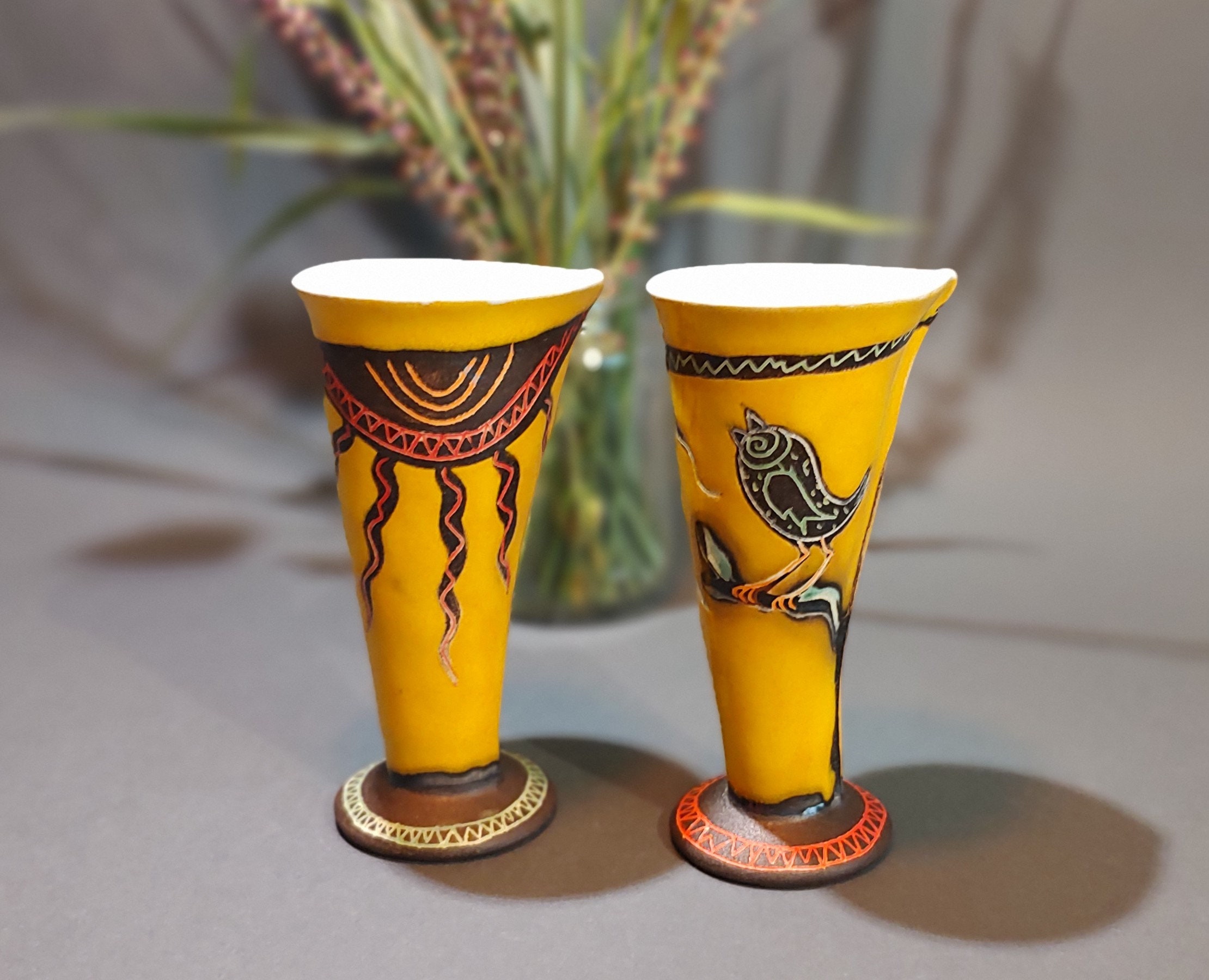 Collectible Yellow Alcohol Set, Handmade Pottery With Bird Art, Perfect ...