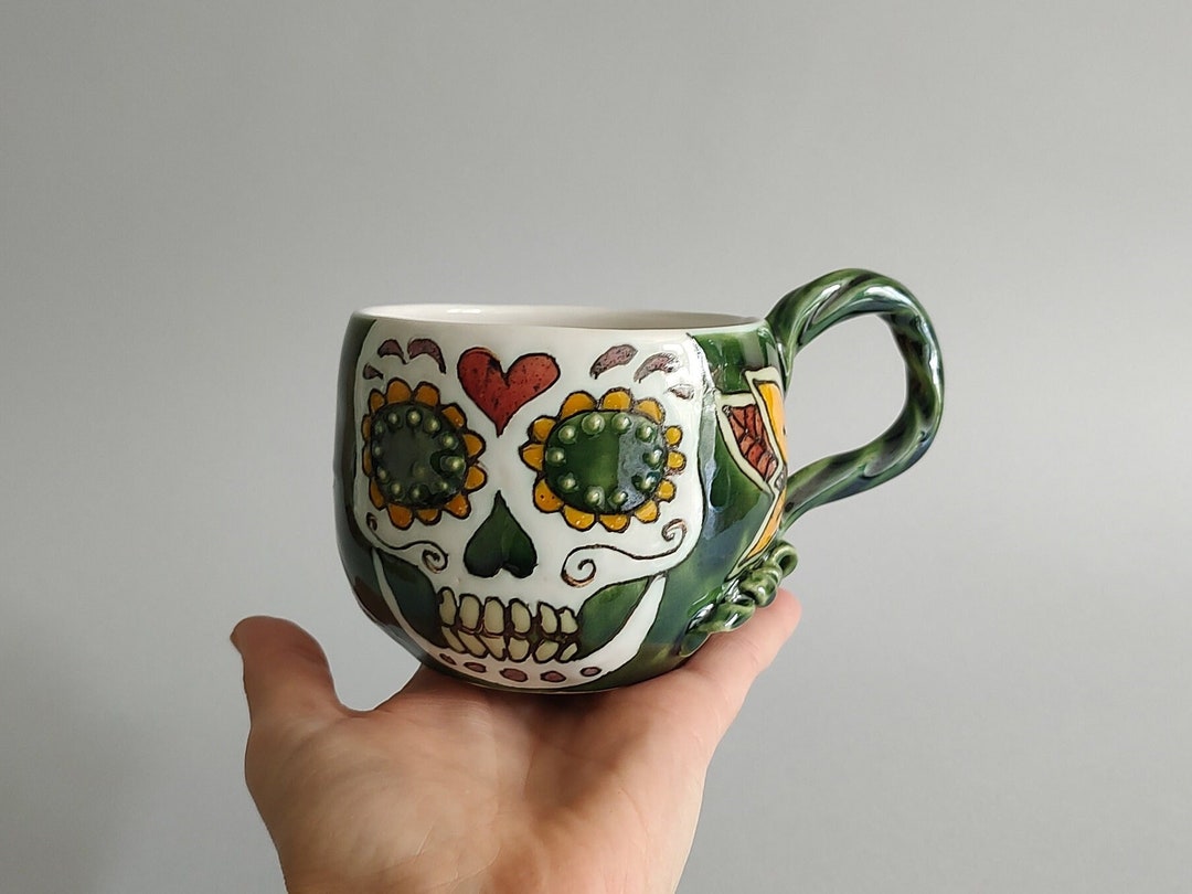 Talavera Sugar Skull Mug, Handmade Mugs, Green Cup With Skull and ...