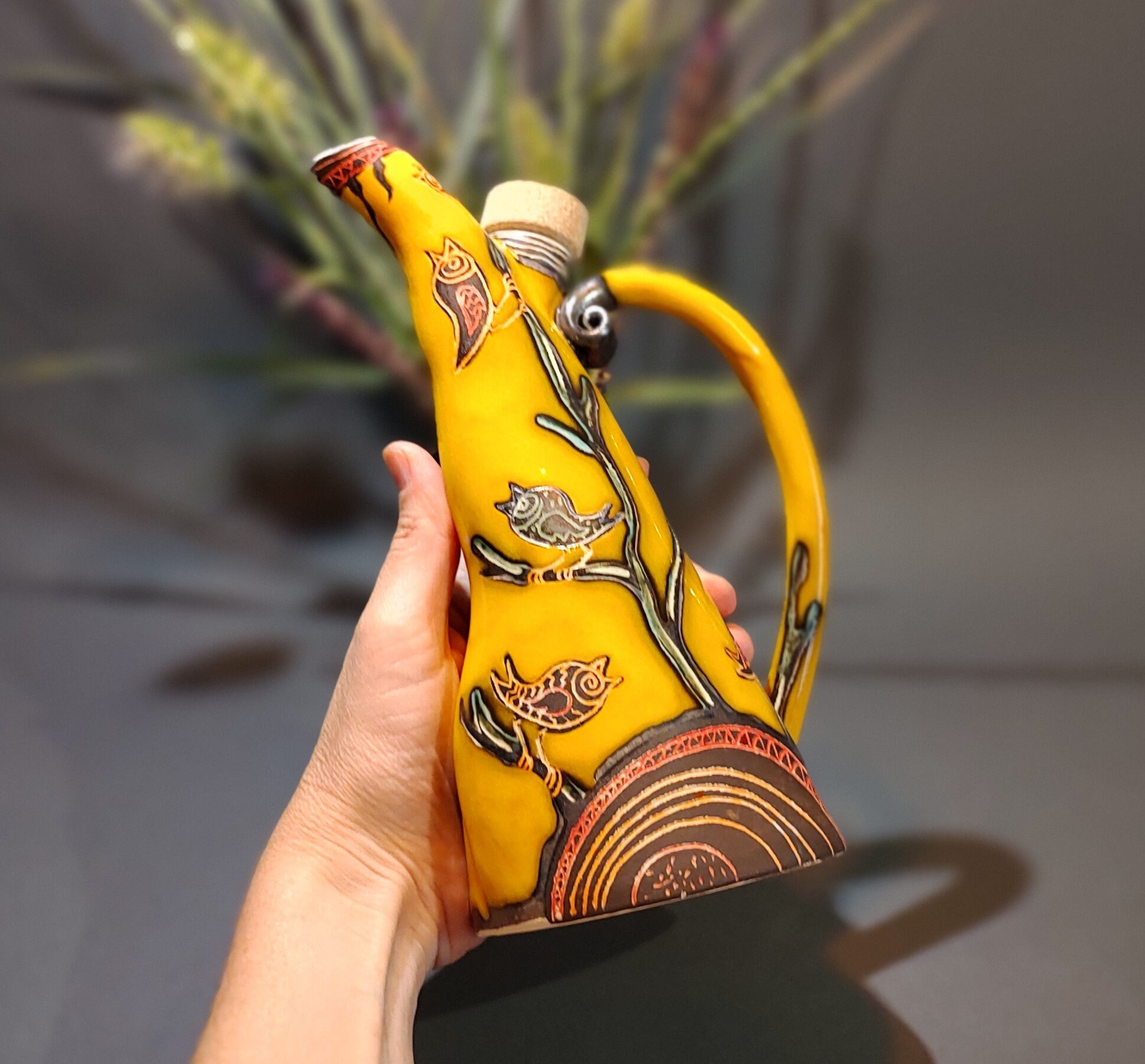 Collectible Yellow Alcohol Set, Handmade Pottery With Bird Art, Perfect ...