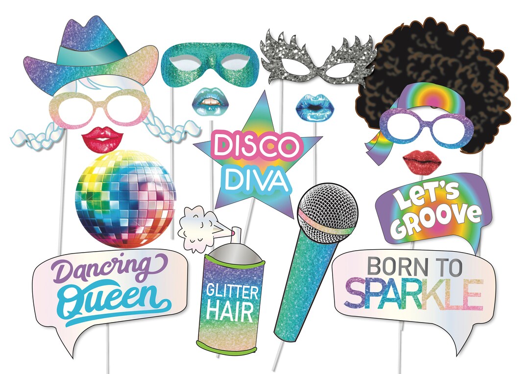 Disco Glitter Photo Booth Prop Set, Party Props, 1970's Theme Printable ...